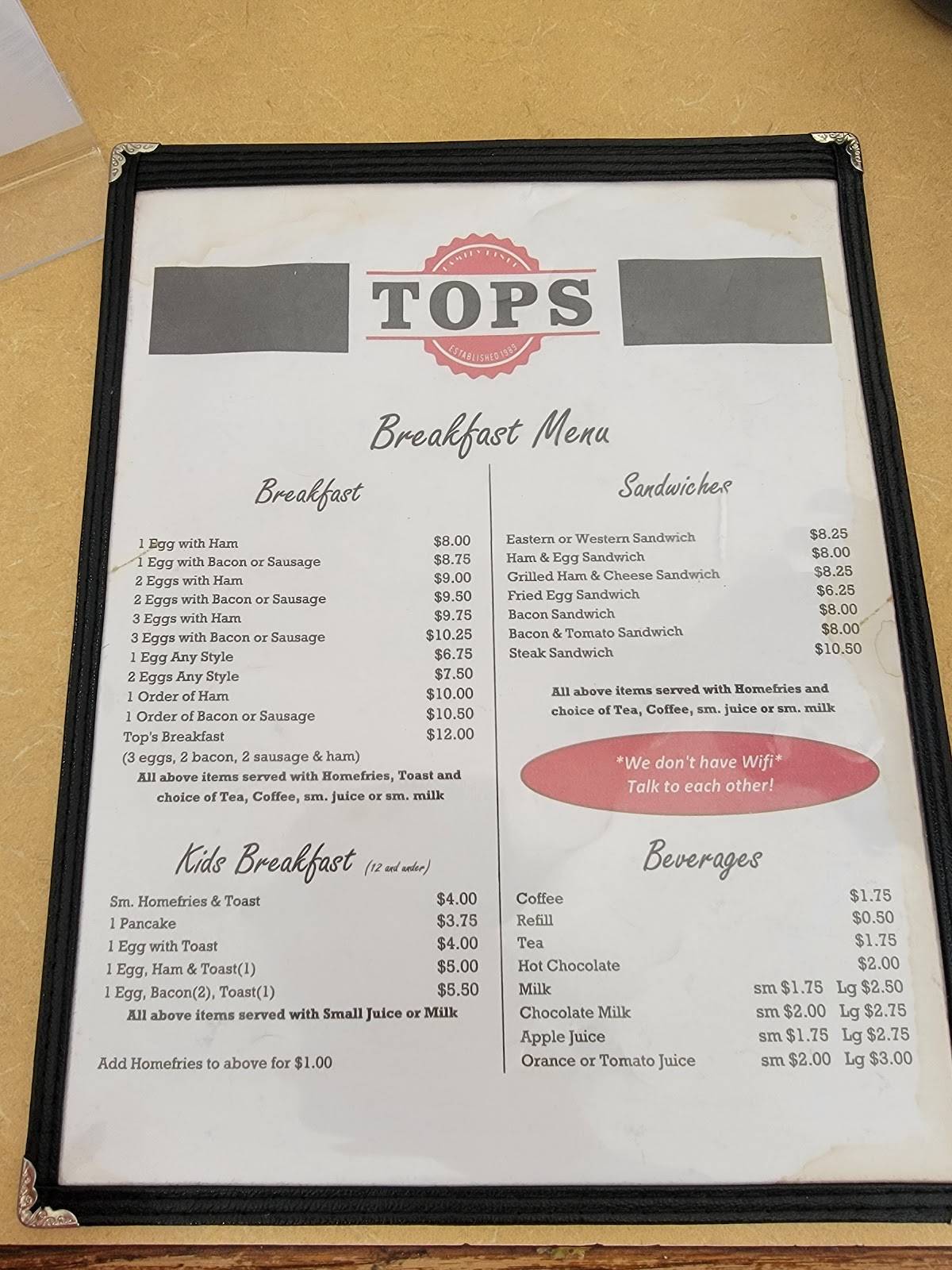Menu at TOPS Eatery pizzeria, Saint John