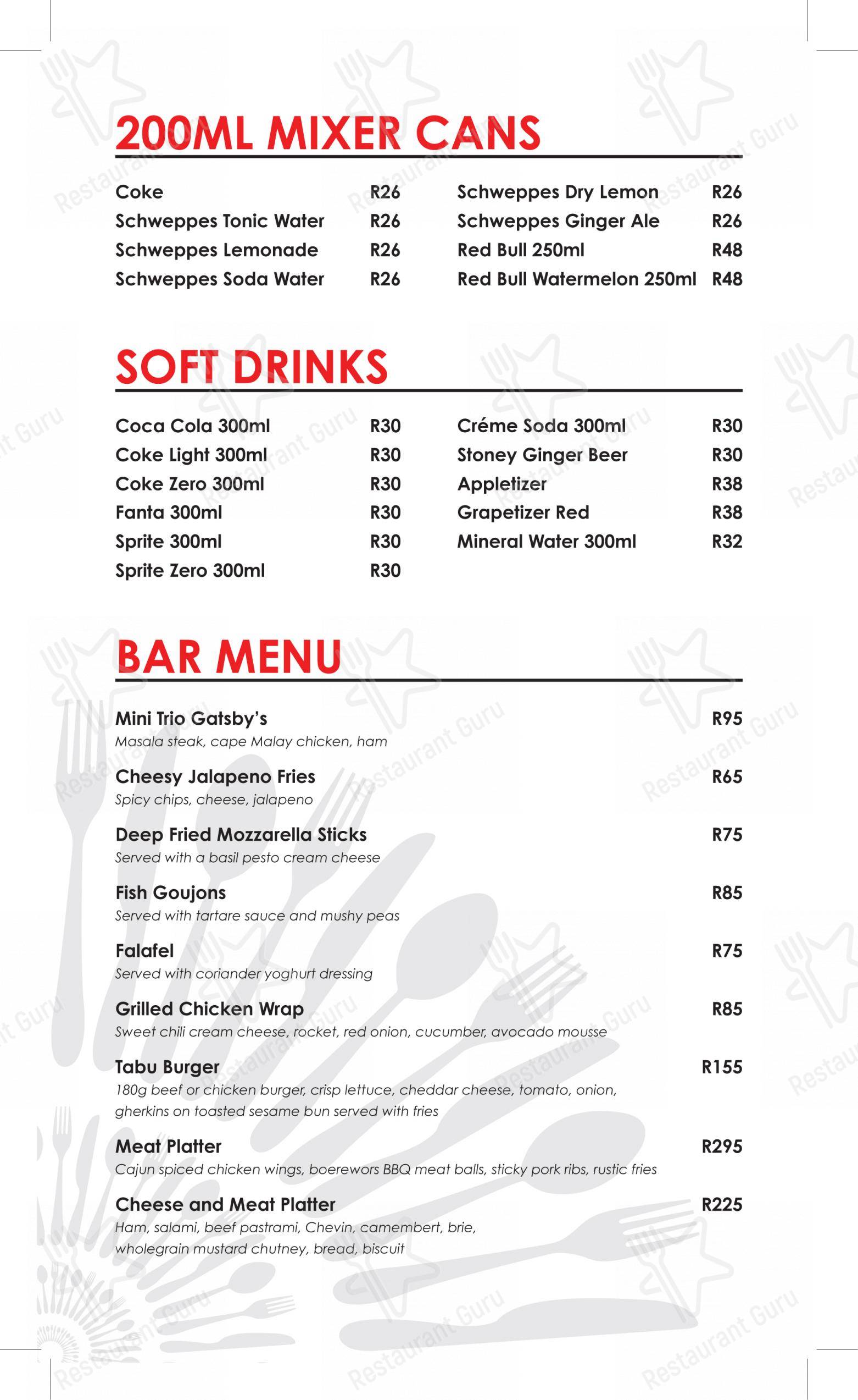 Menu at Tabú Grill Bar and Lounge, Port Elizabeth