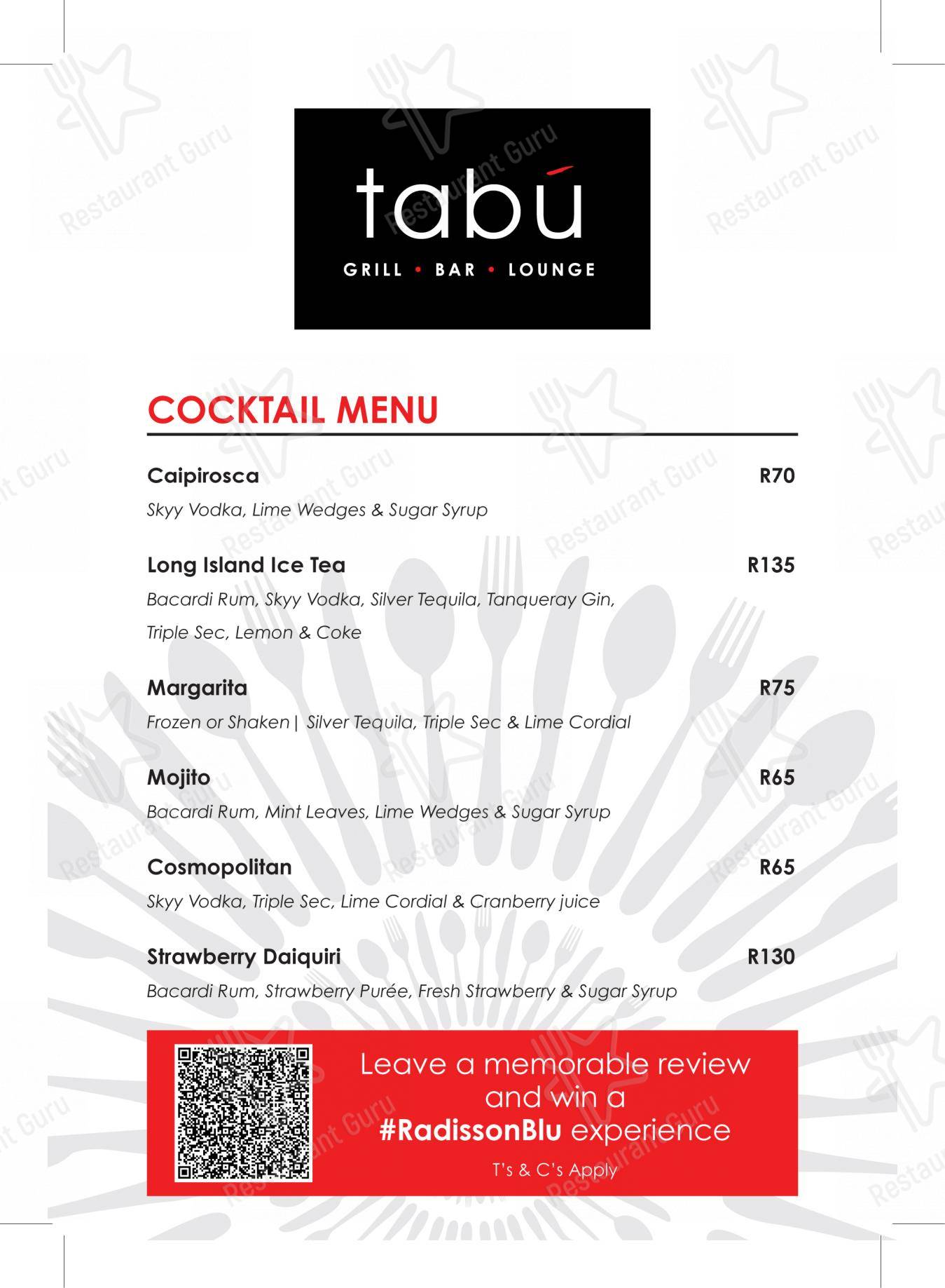 Menu at Tabú Grill Bar and Lounge, Port Elizabeth