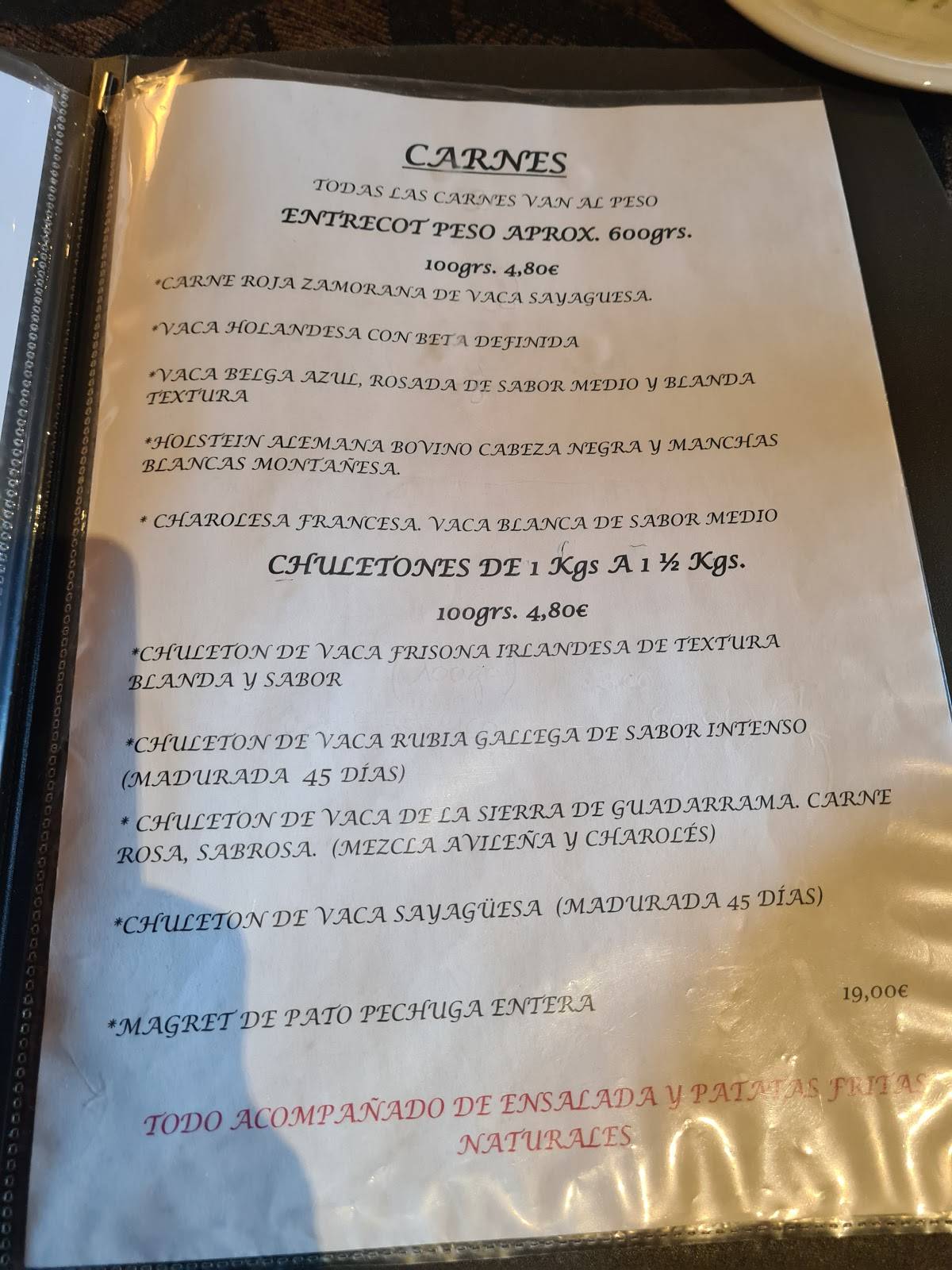 Carta del restaurante Taberna Vaca Lucía y Nino, Villanueva del la Cañada