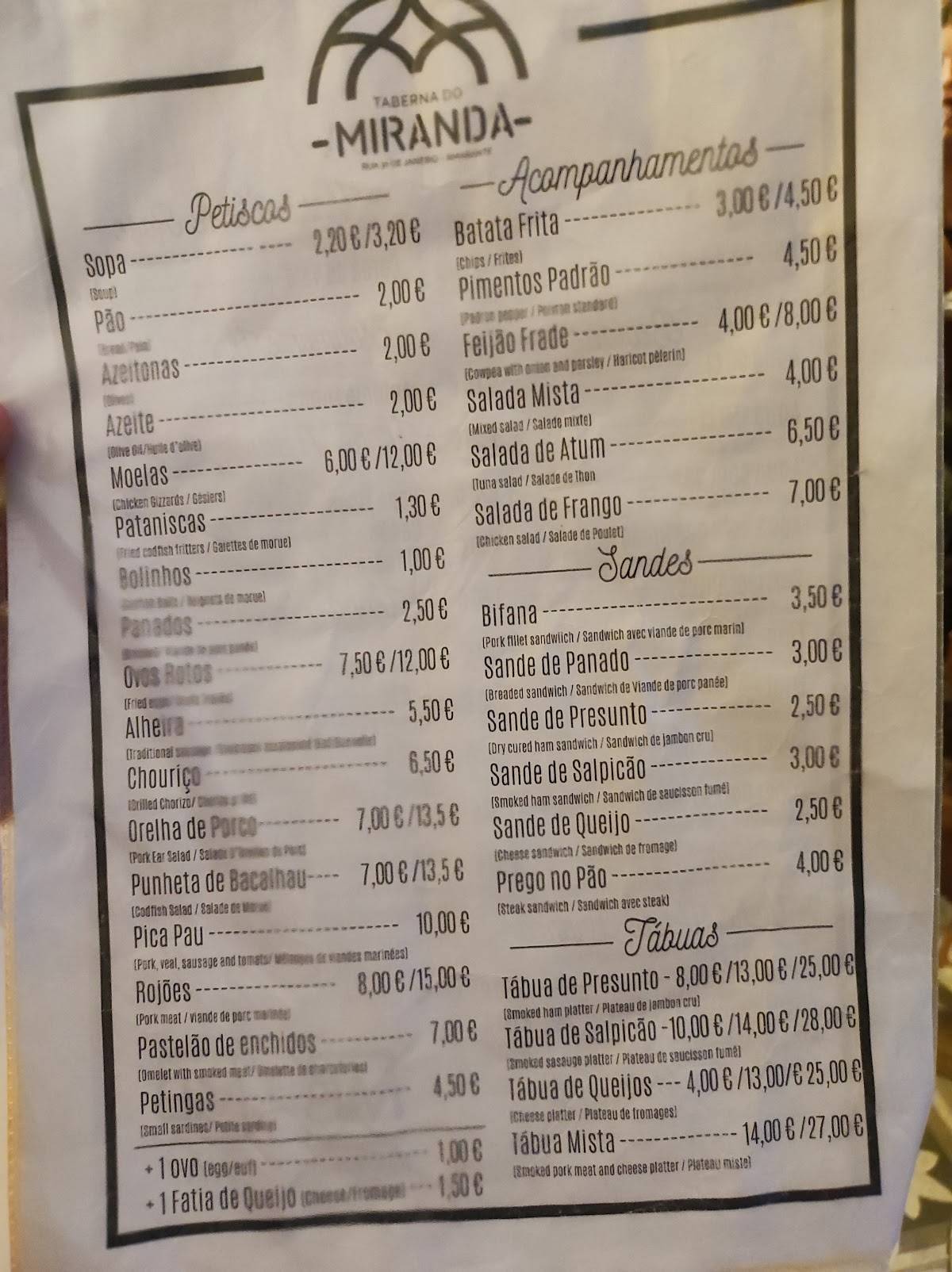 Menu em Taberna do Miranda restaurante, Amarante