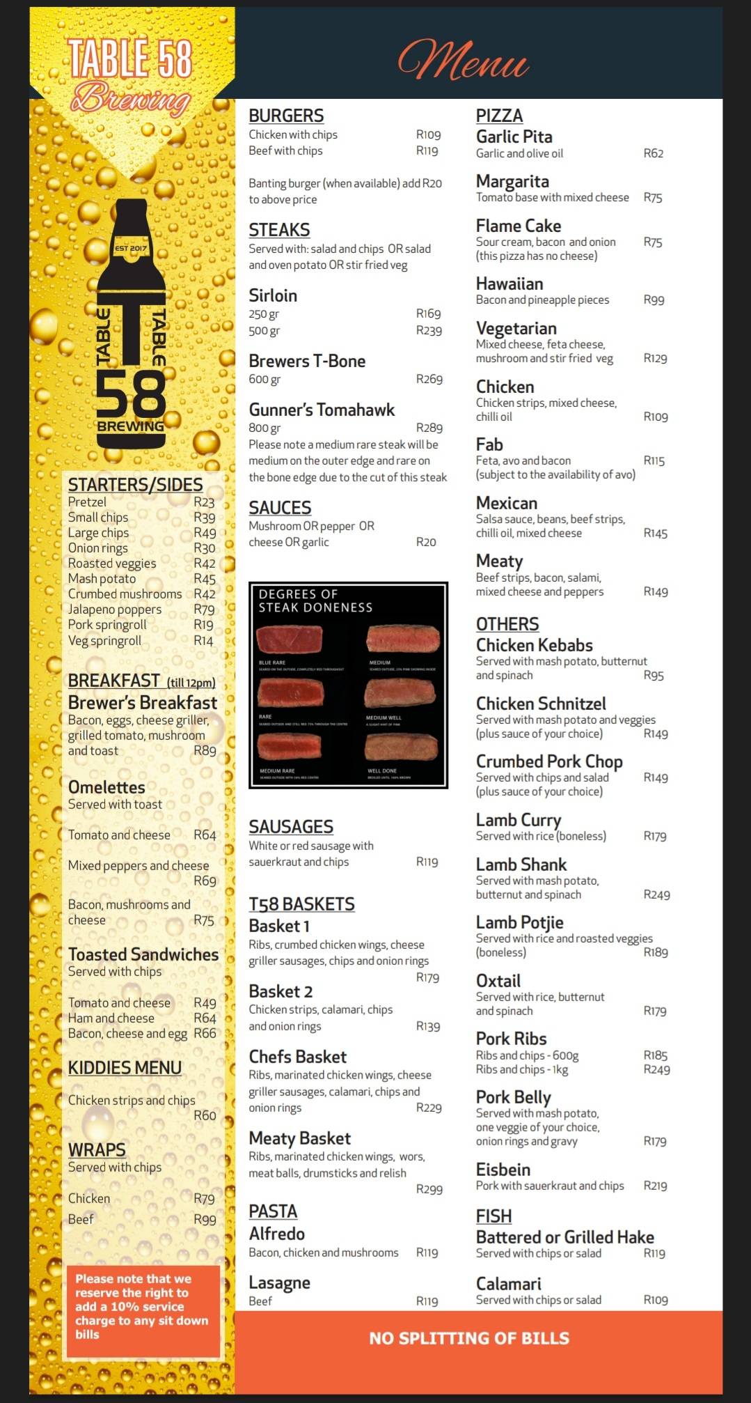 Menu at Table 58 Brewing pub & bar, East London