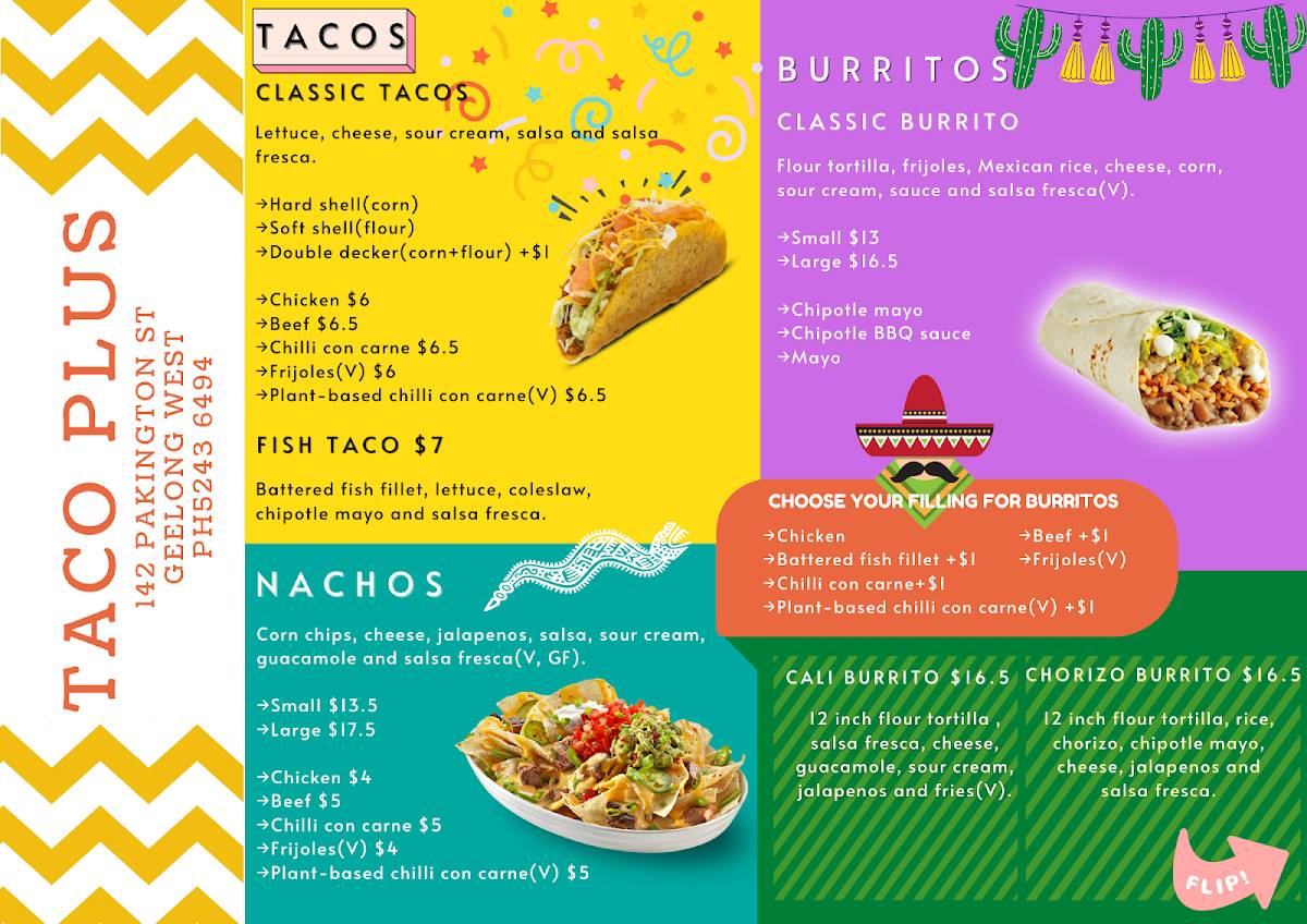 Menu at Taco Plus Geelong restaurant, Geelong
