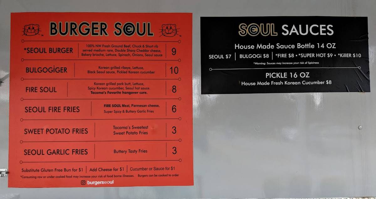 Menu at BURGER SEOUL restaurant, Tacoma