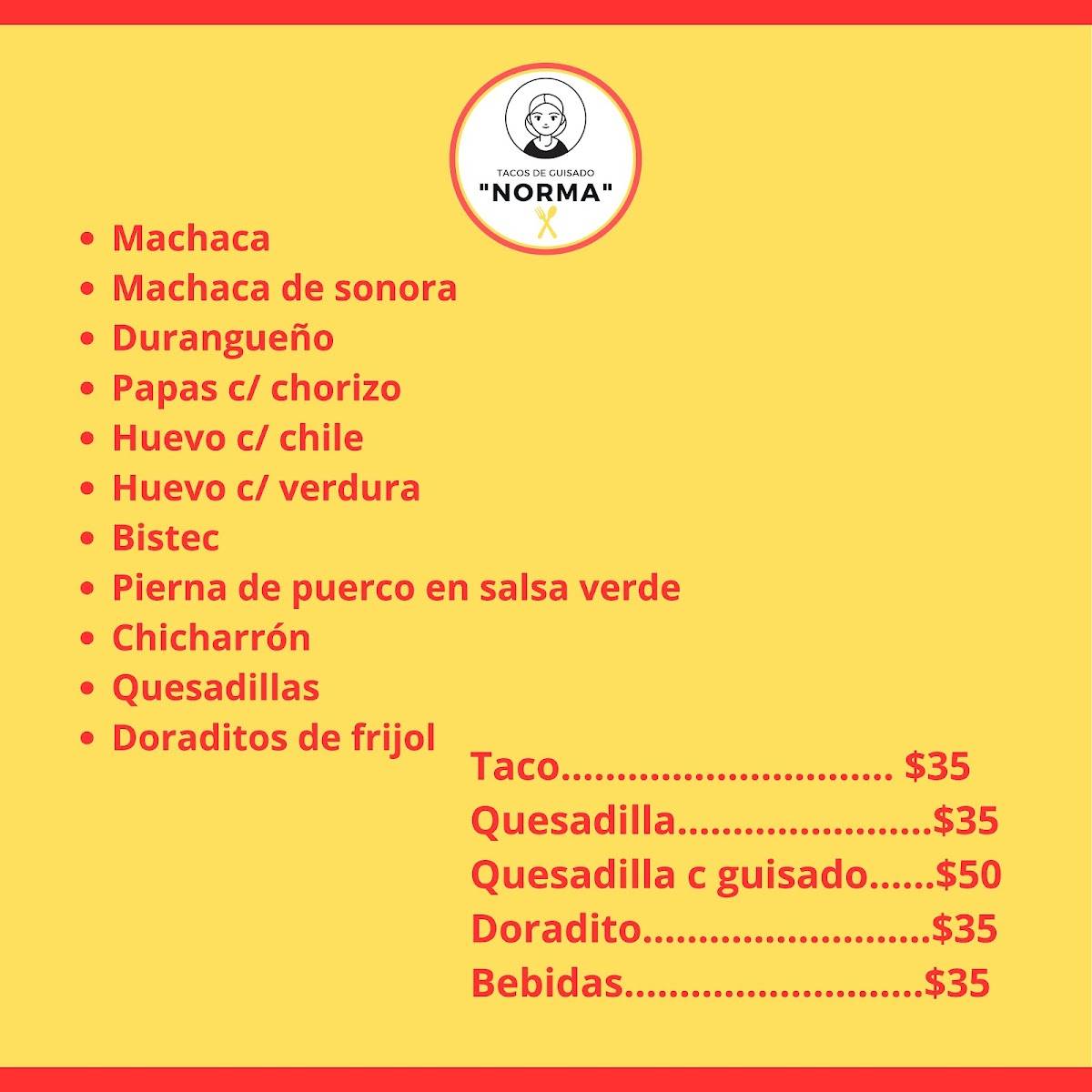 Menu at Tacos De Guisado Norma Suc UABC restaurant, Mexicali
