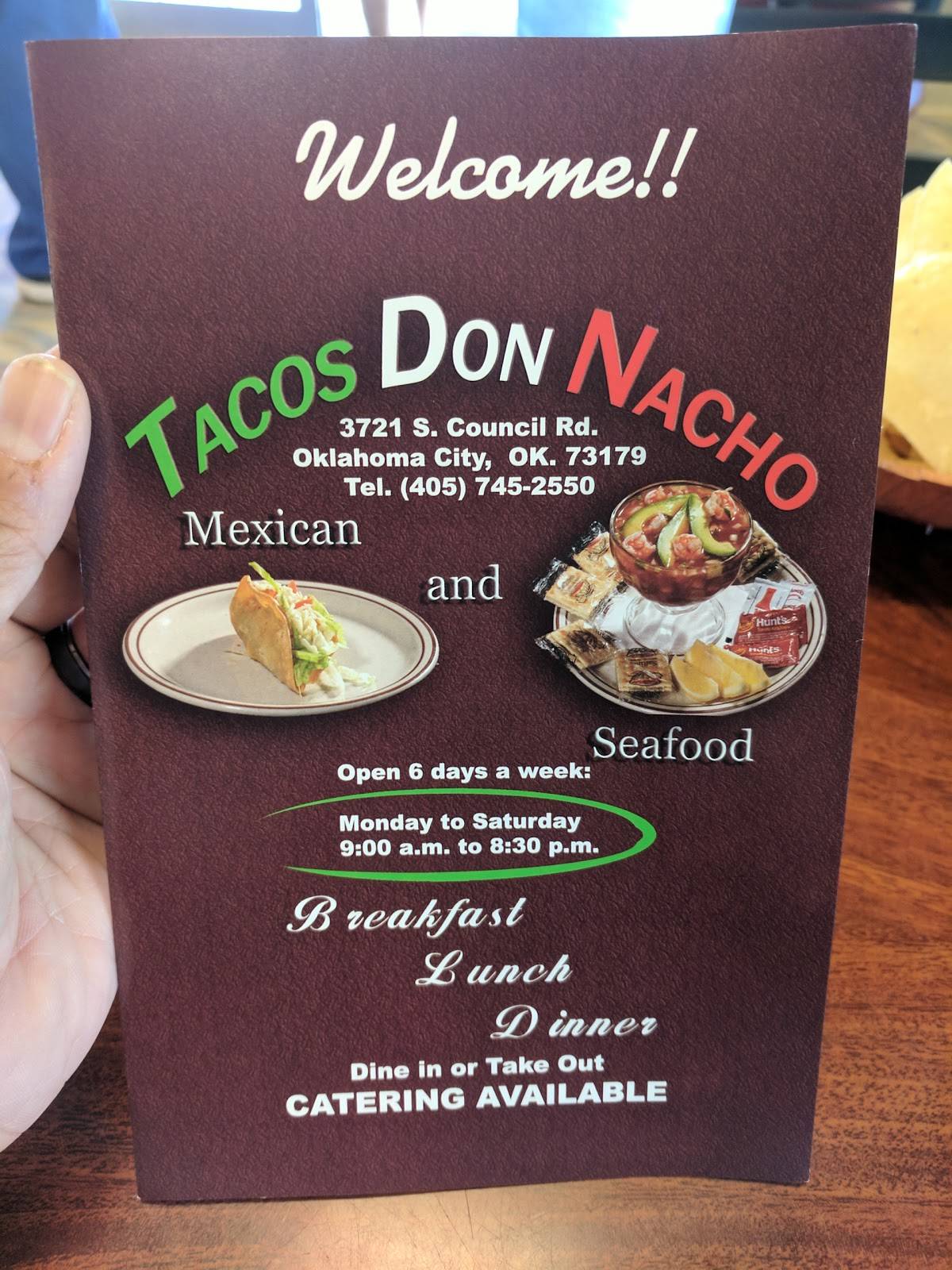 Menu at Tacos Don Nacho restaurant, Oklahoma City