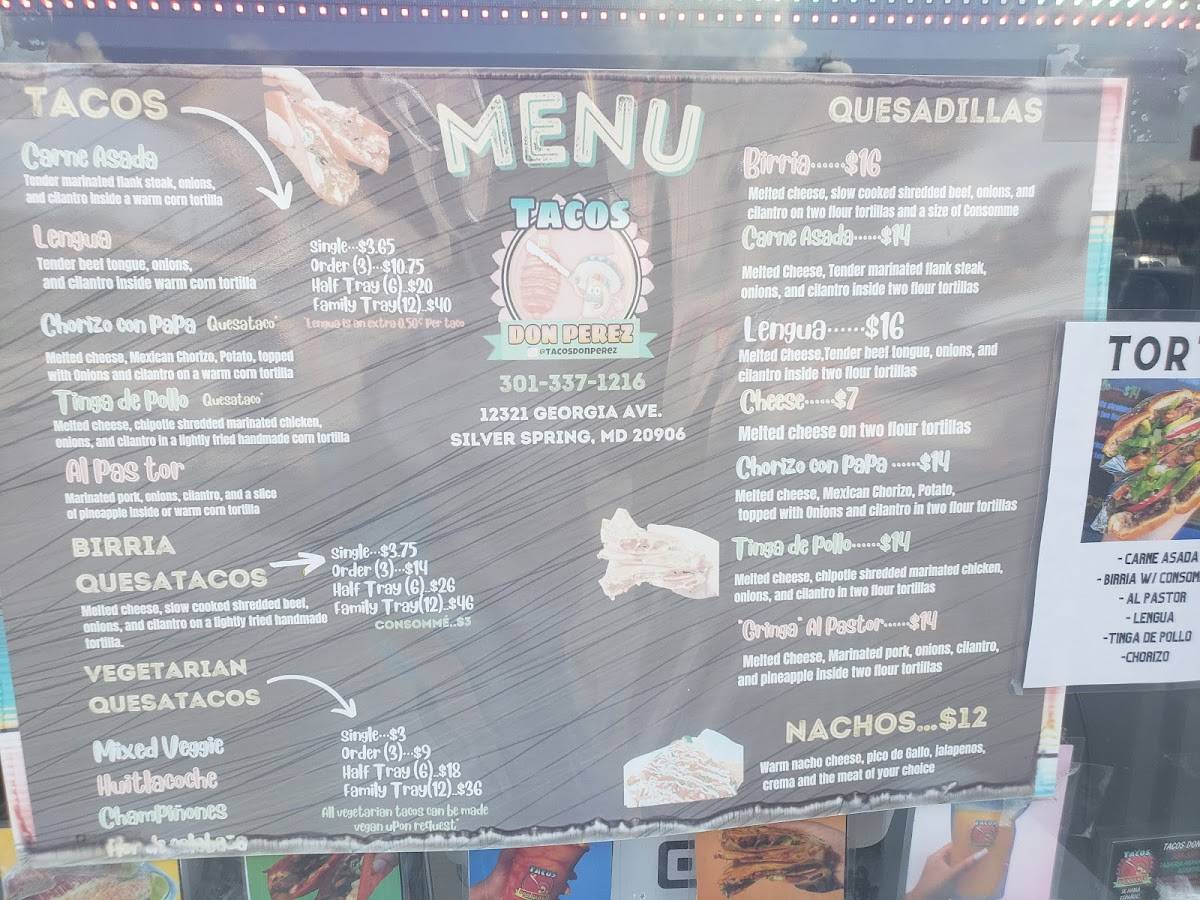 Menu at Tacos Don Perez restaurant, Silver Spring