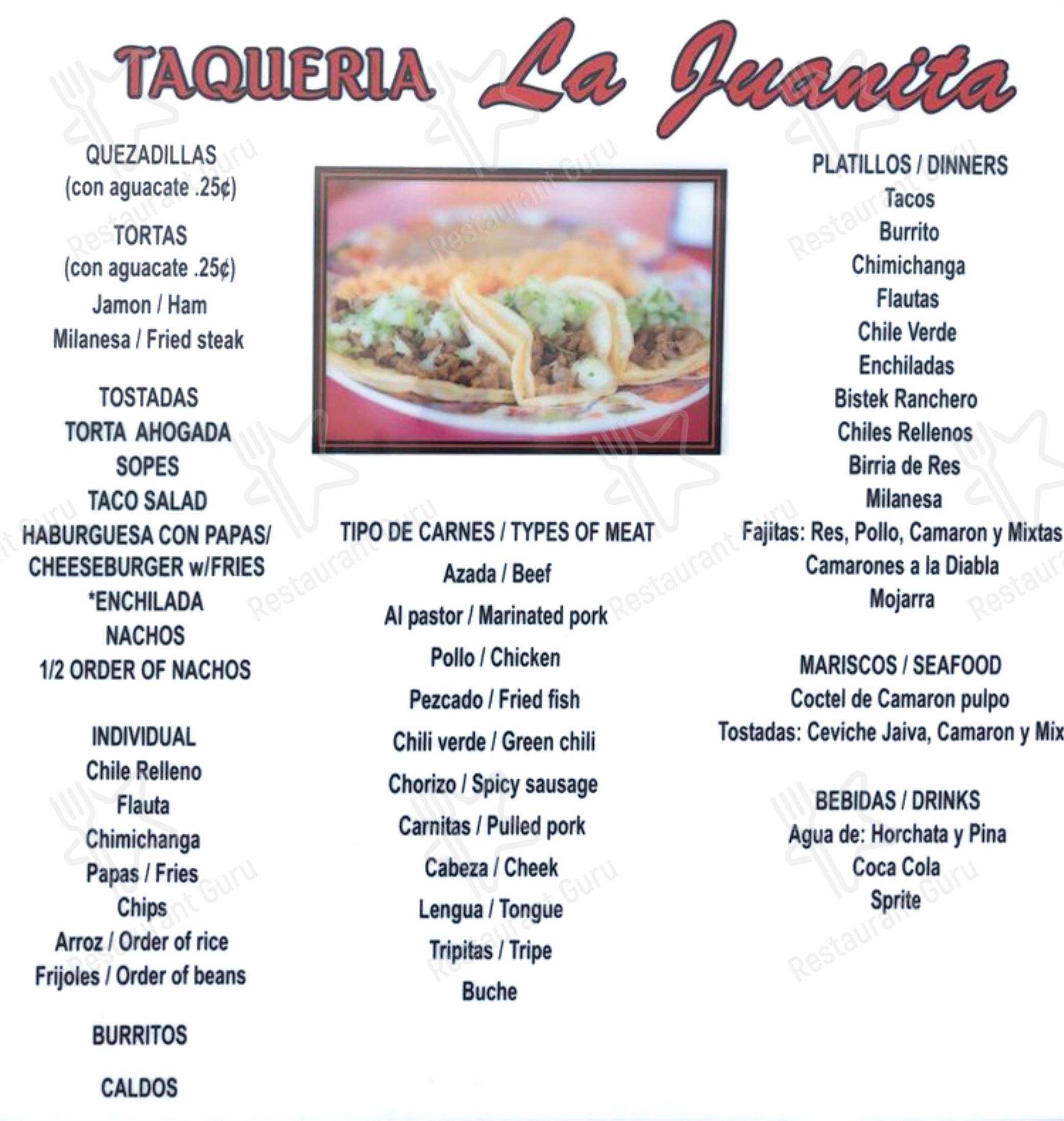 Menu at Tacos La Juanita restaurant, Le Mars