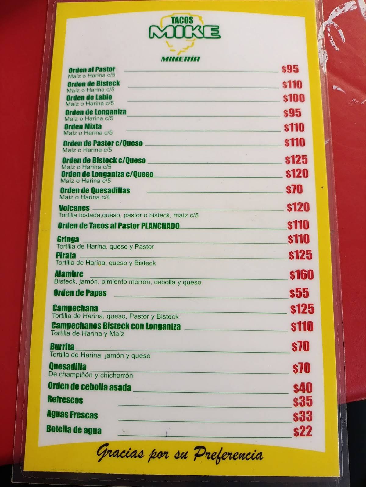 Carta del restaurante Tacos Mike, Saltillo, Blvrd Minería 663