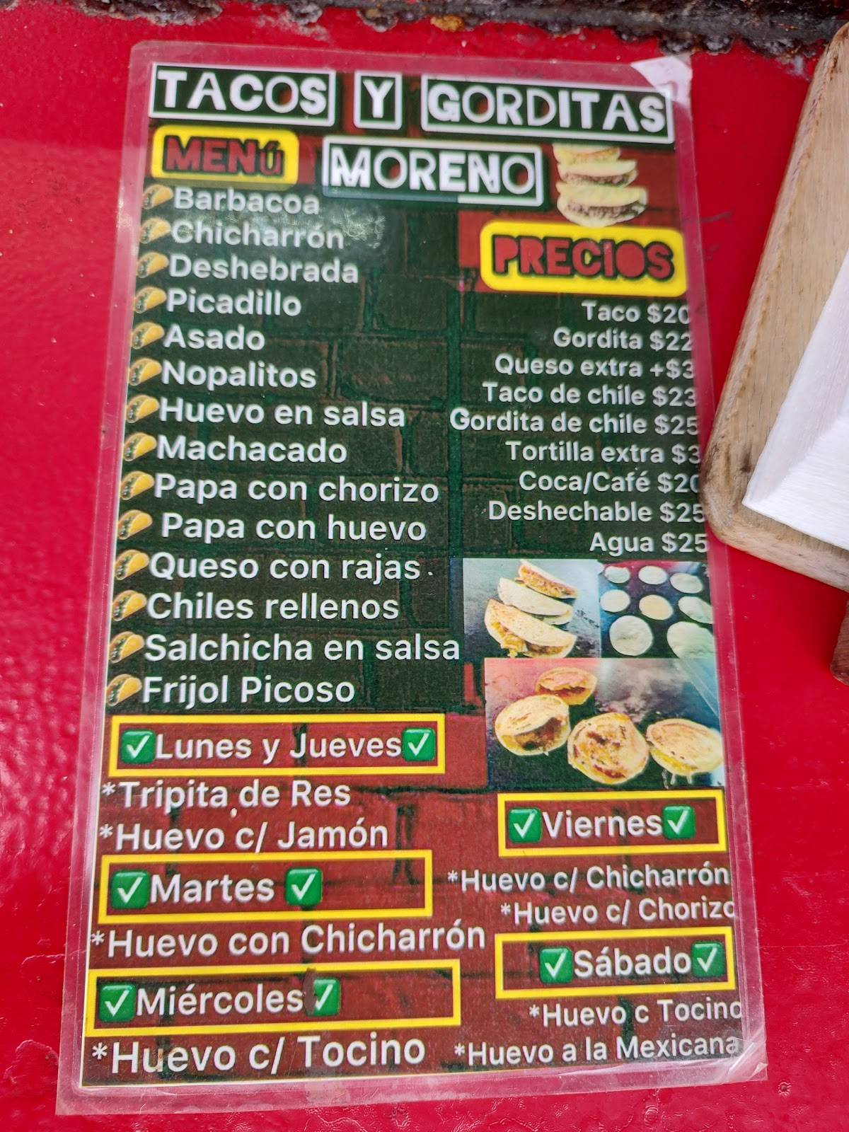 Carta del restaurante Tacos y Gorditas Moreno, Guadalupe