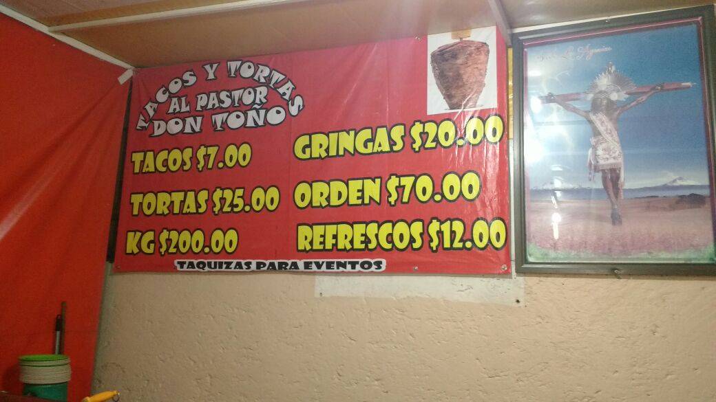 Menu at Tacos y tortas al Pastor Don Toño restaurant, Mexico