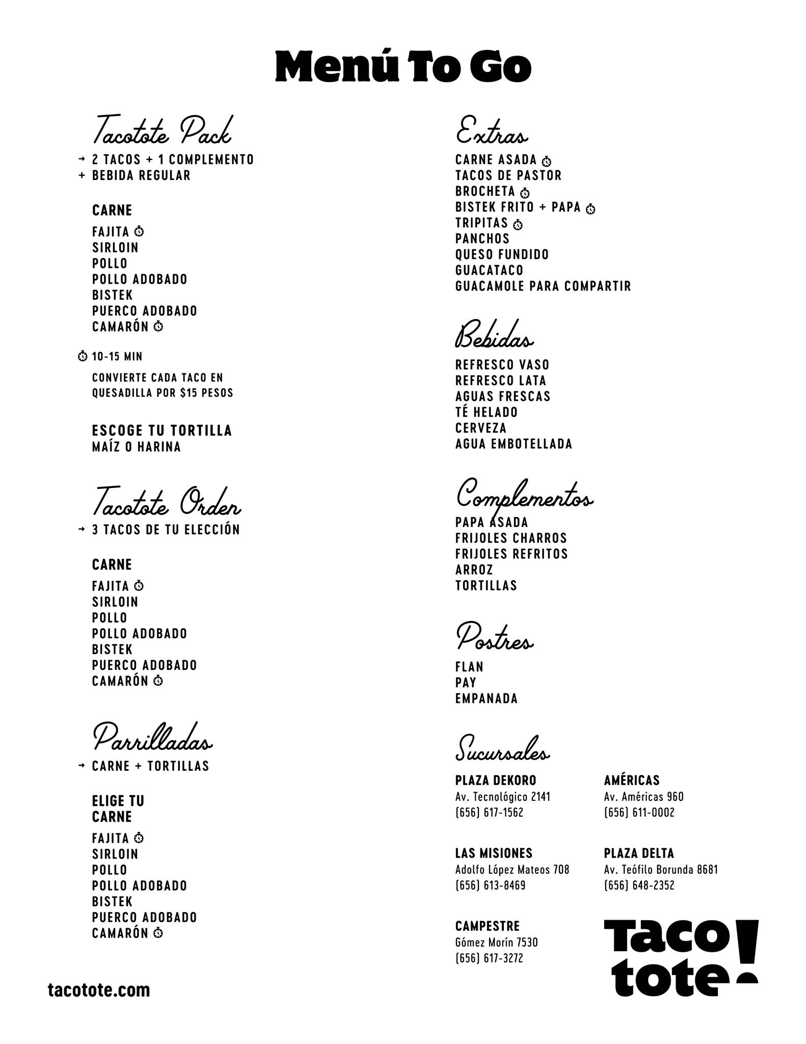 Carta del restaurante Tacotote, Ciudad Juarez, Av. Tecnológico 2141