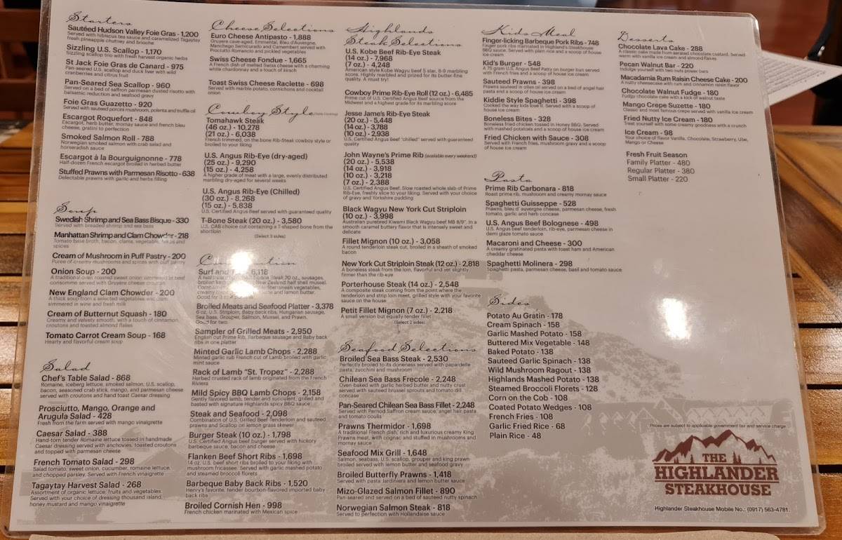 Menu at The Highlander Steakhouse, Tagaytay, 42MM+M7W
