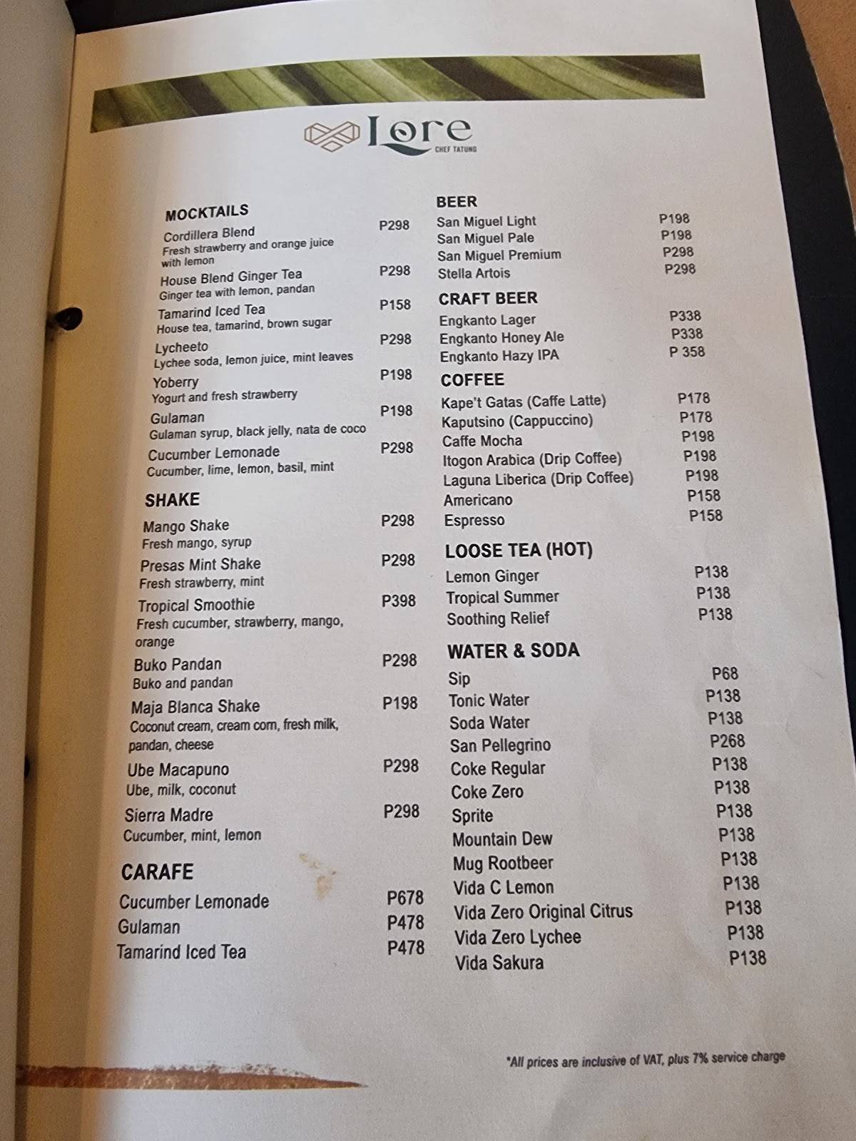 Menu at Lore by Chef Tatung restaurant, Taguig