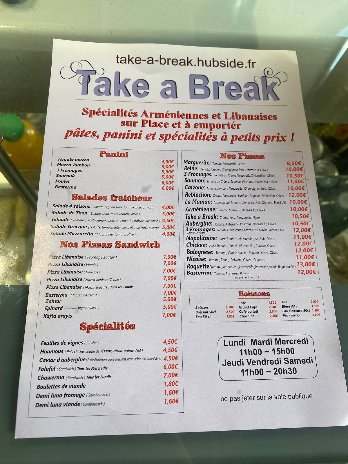 Menu at Take a break pizzeria, Lyon