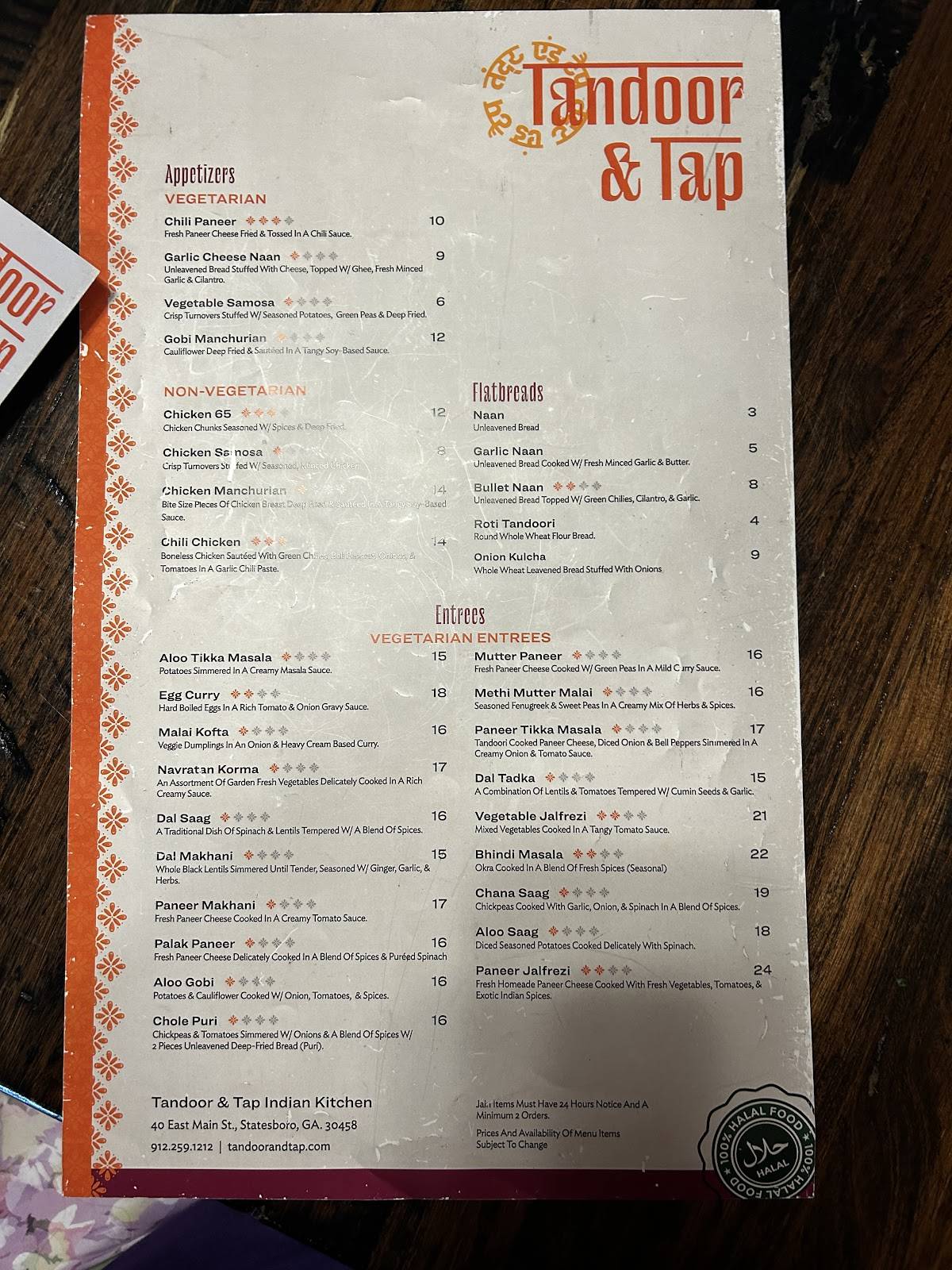 Menu at Tandoor and Tap restaurant, Statesboro