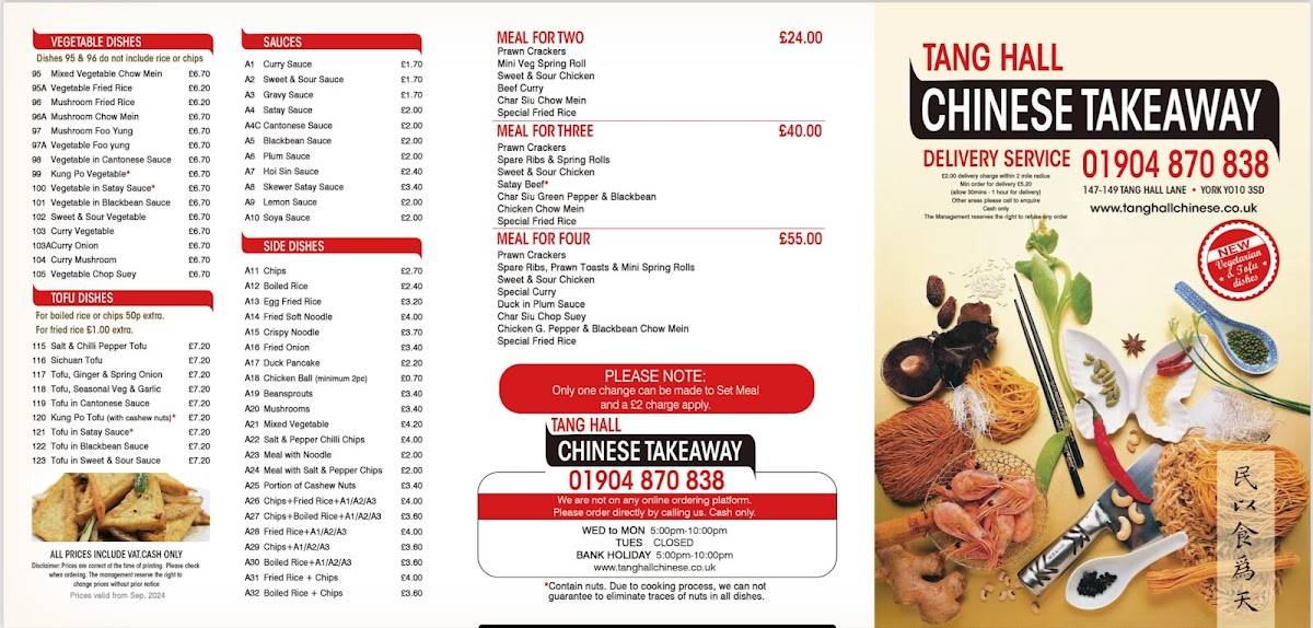 Menu at Tang Hall Chinese Takeaway fast food, York