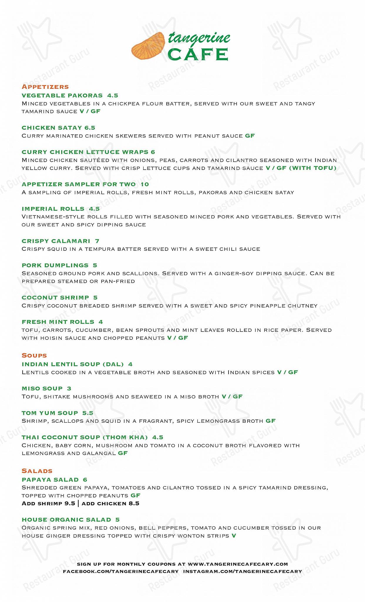 Menu at Tangerine Cafe, Cary