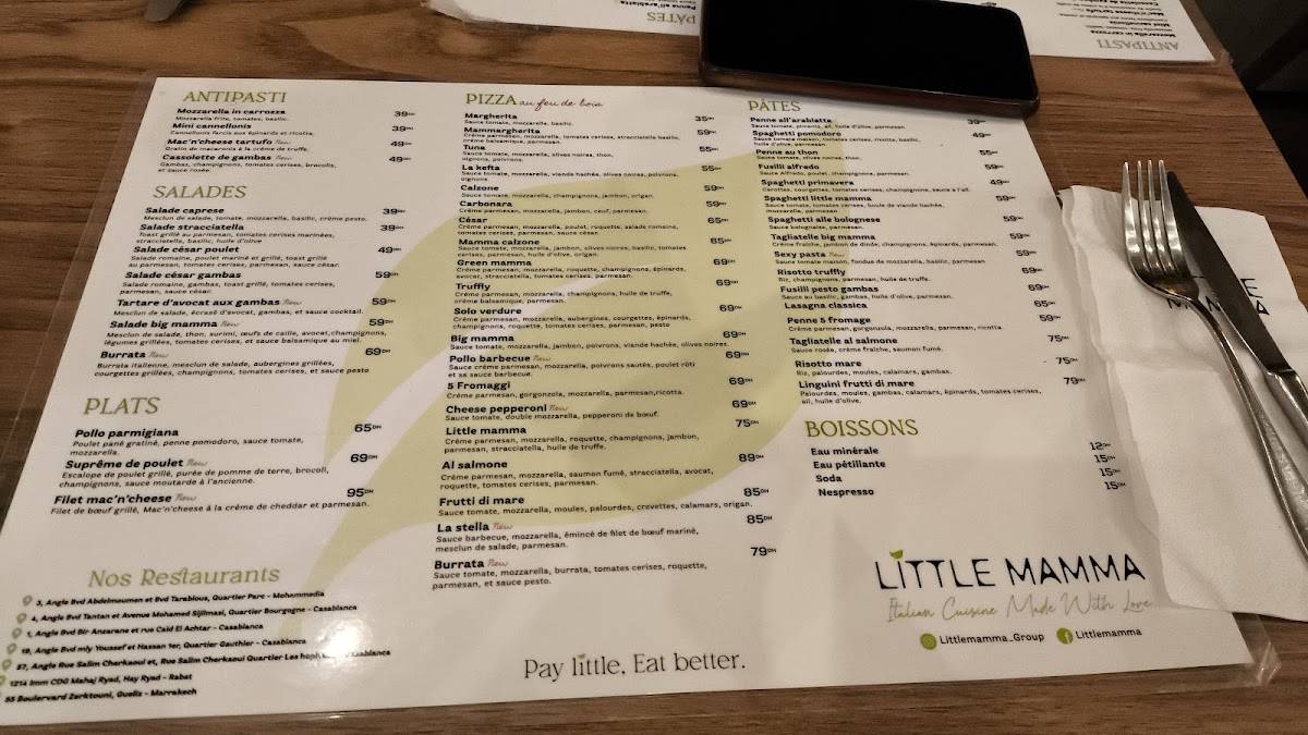 Menu at Little Mamma restaurant, Tangier