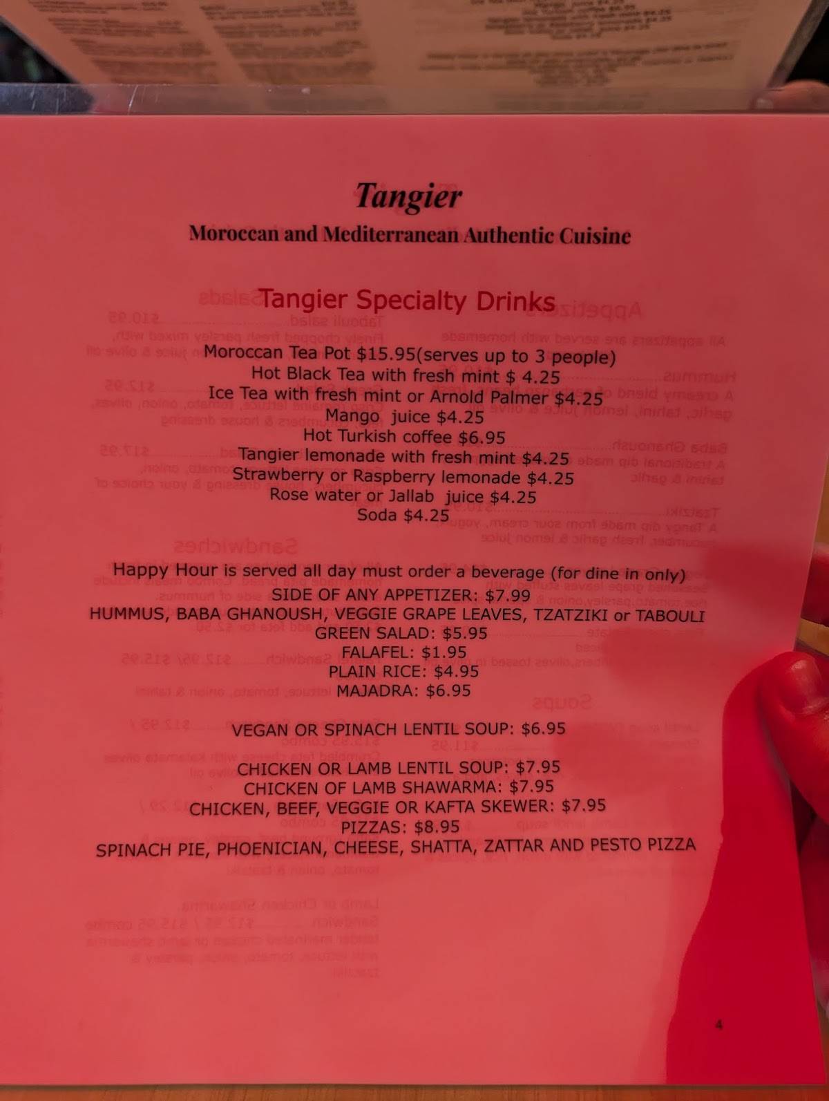 Menu at Tangier Restaurant, Portland