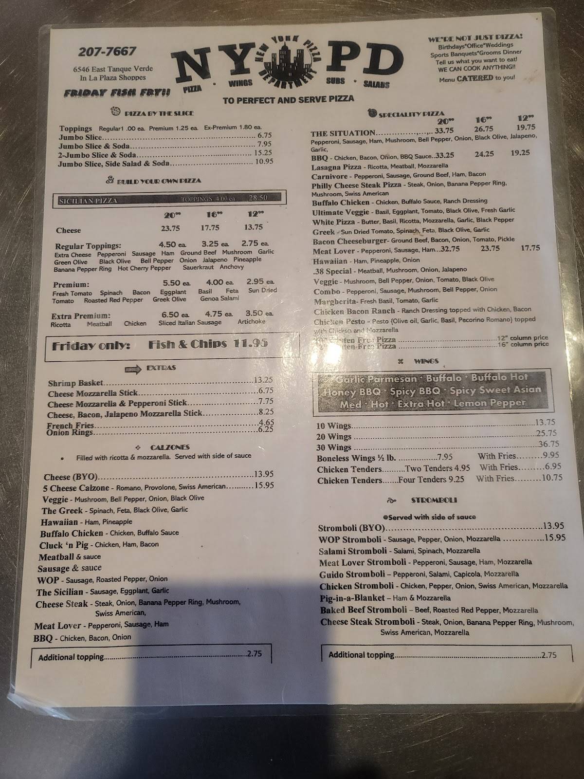 Menu at NYPD New York Pizza Department pub & bar, Tucson