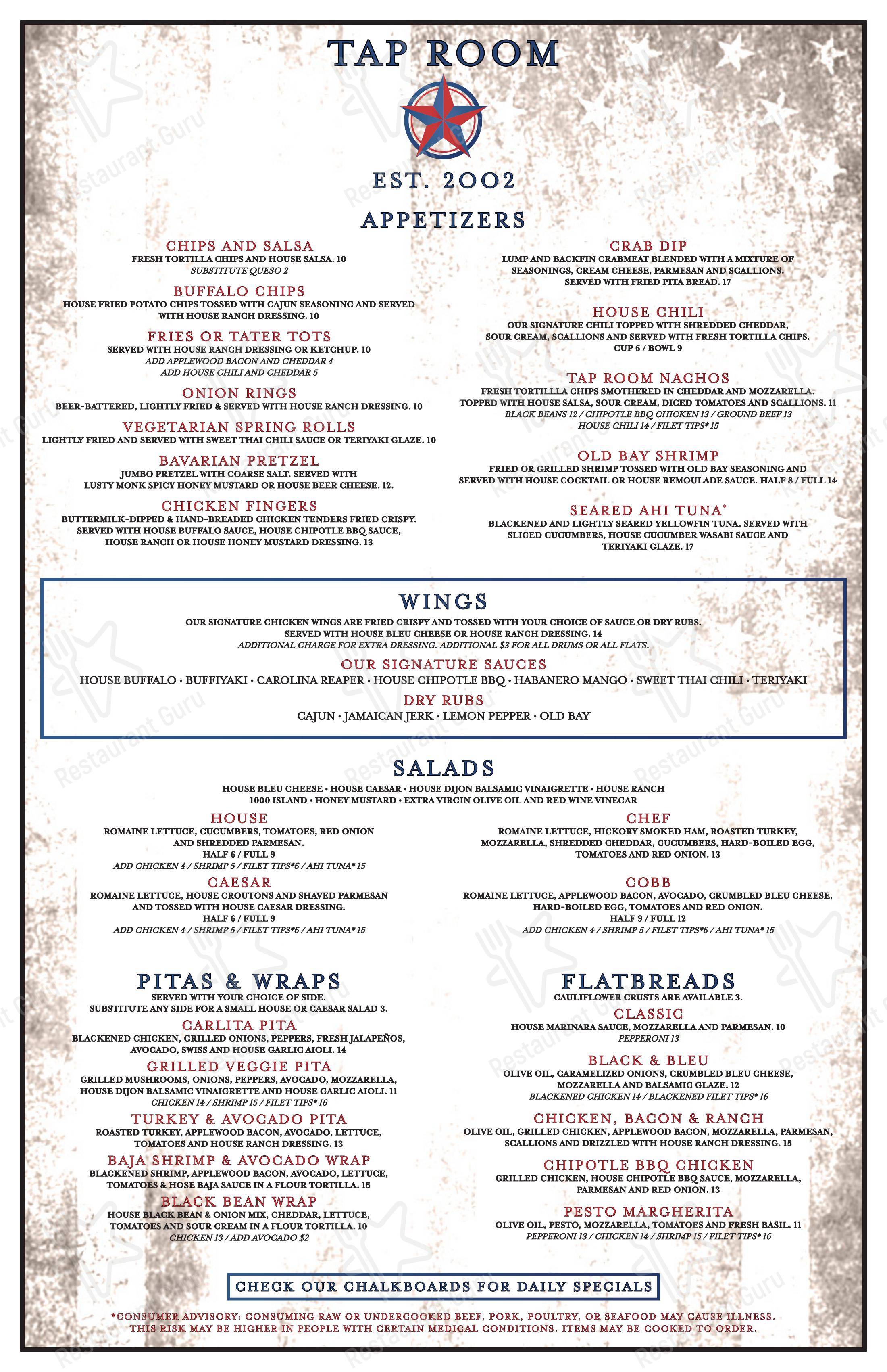 Menu at Tap Room pub & bar, Greensboro