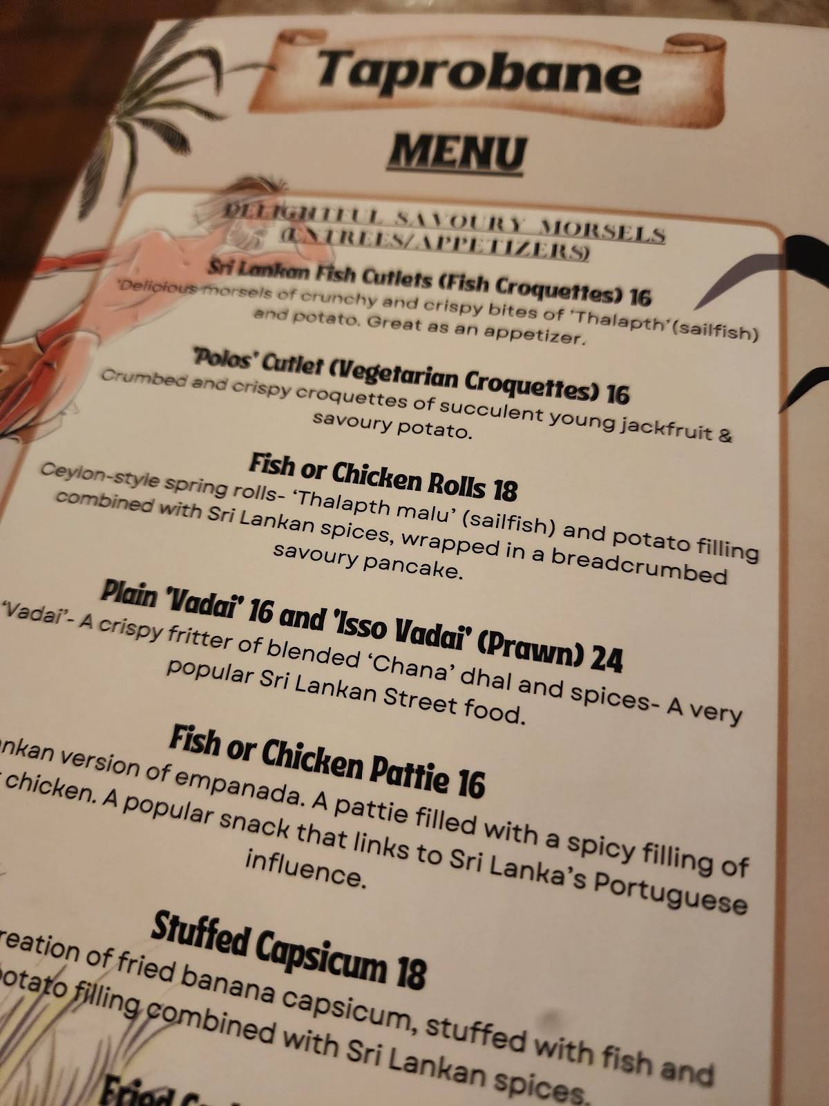 Menu at Taprobane restaurant, Unley