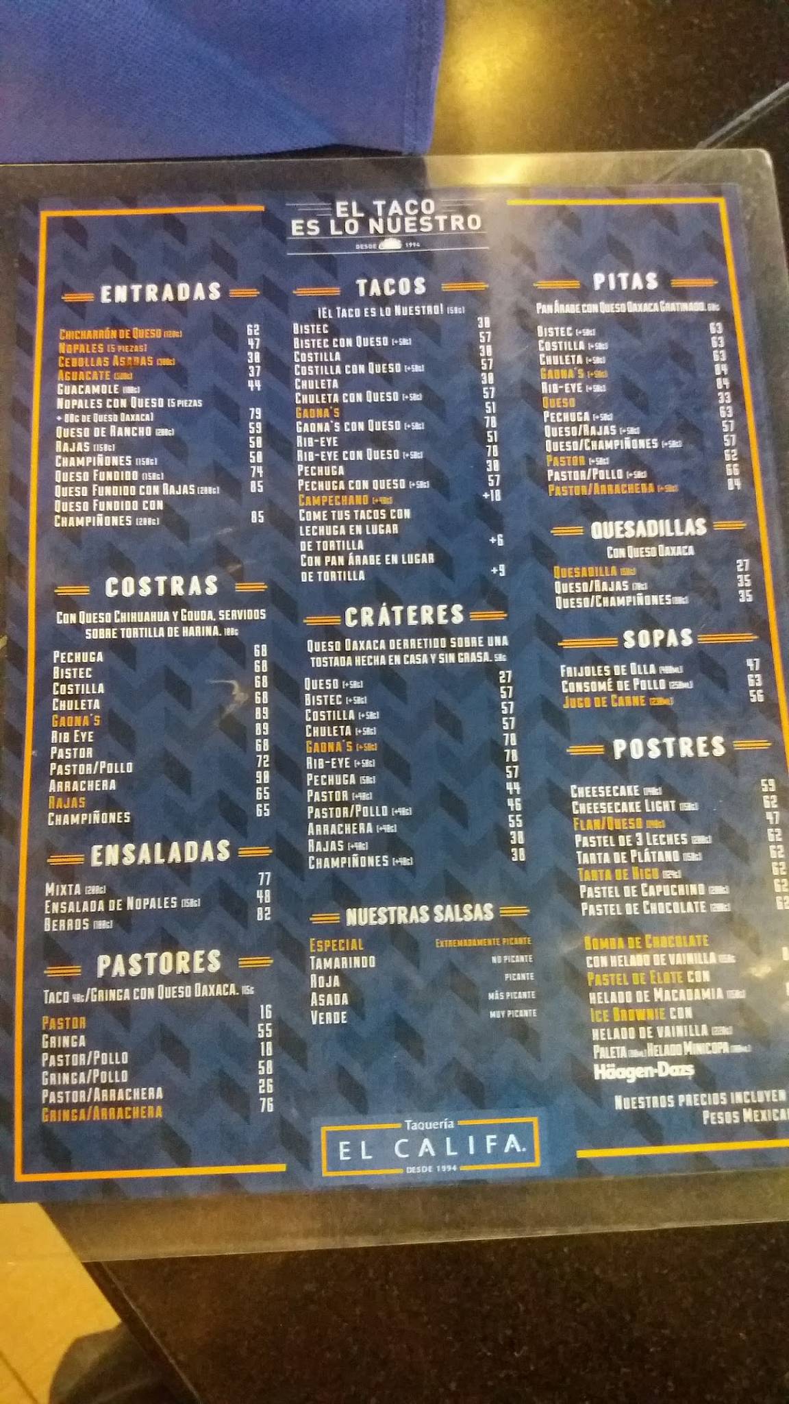 Carta del restaurante Taquería El Califa Condesa, Ciudad López Mateos ...