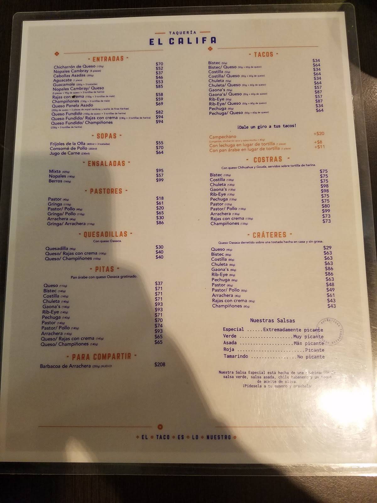 Carta del restaurante Taquería El Califa Condesa, Ciudad López Mateos ...
