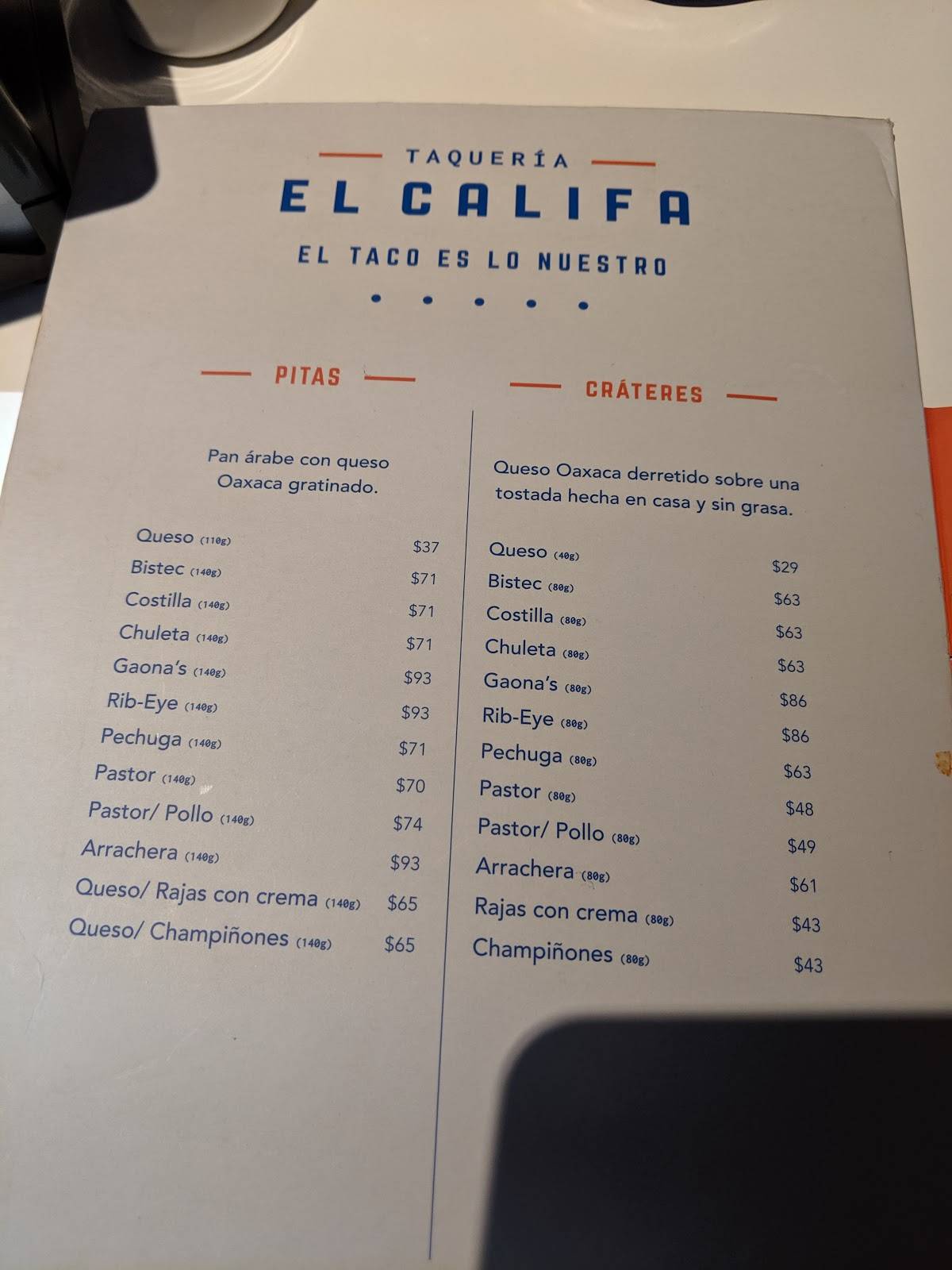 Carta del restaurante Taquería El Califa Condesa, Ciudad López Mateos ...