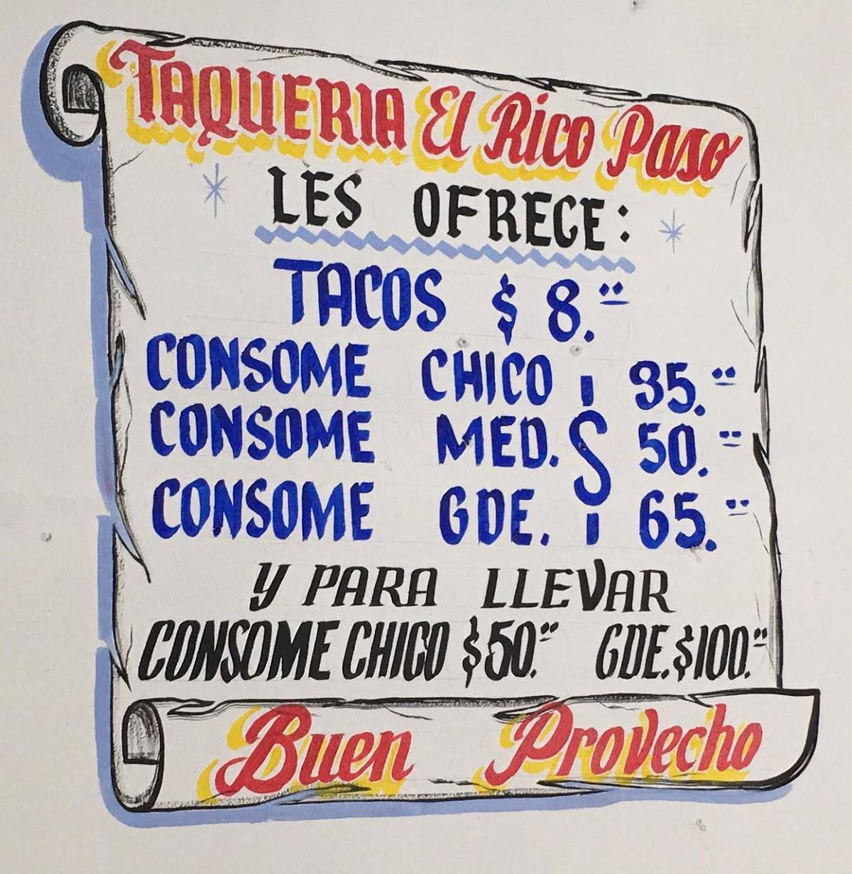 Menu at Taqueria “El Rico Paso” restaurant, San Juan Bautista Tuxtepec