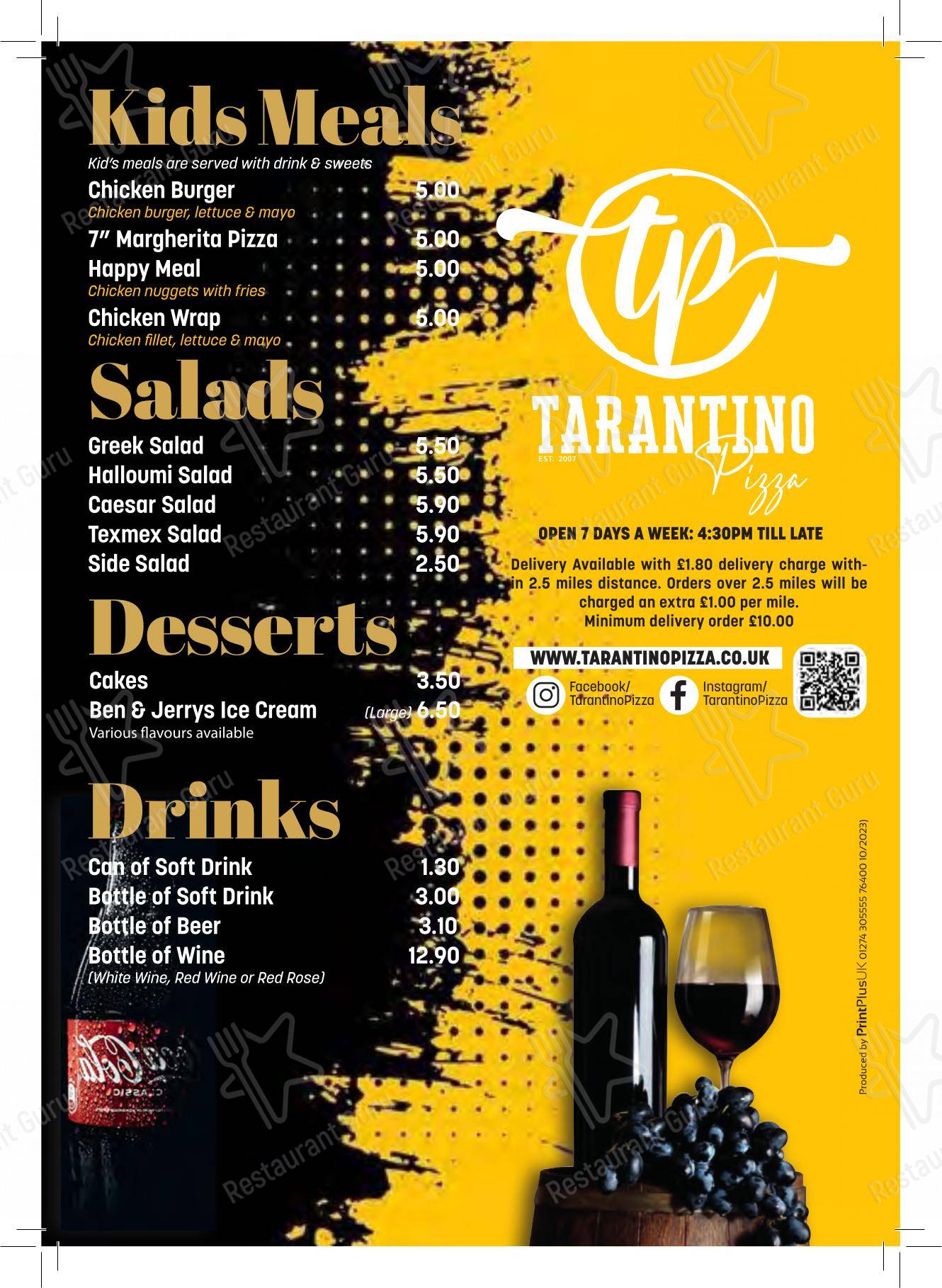 Menu at Tarantino + Pizzas fast food, Cleckheaton
