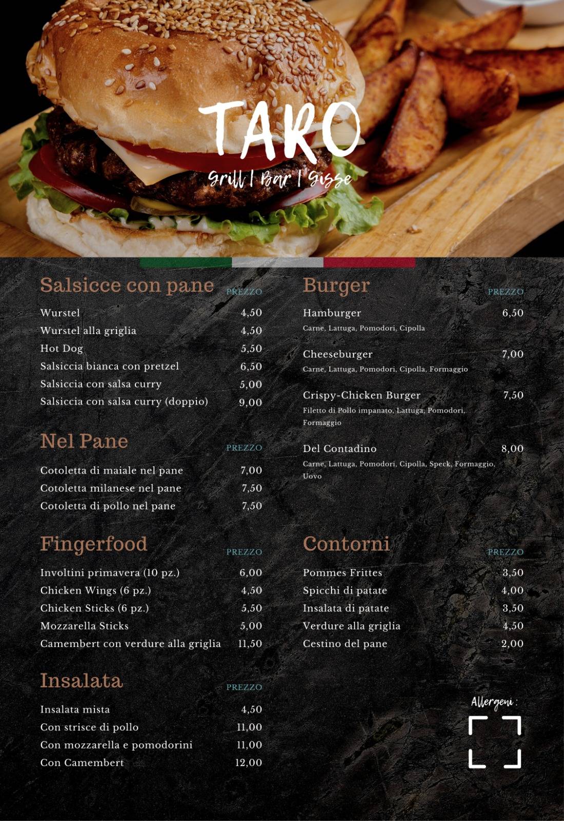 Speisekarte von TARO Burger, Bistro & Bar, Gisse