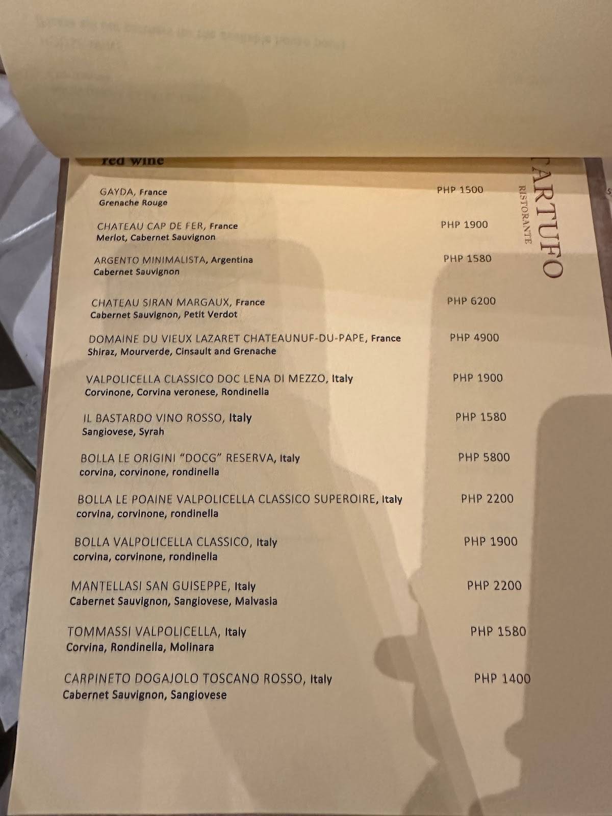 Menu at Tartufo Ristorante - BGC restaurant, Taguig