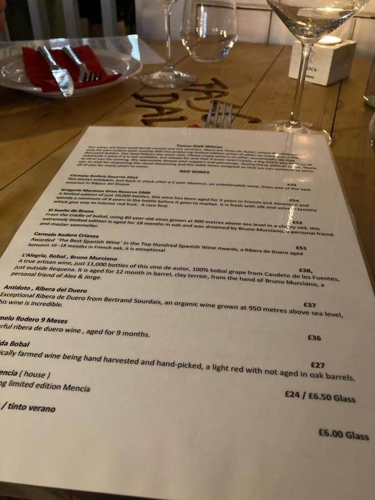 Menu at Tasca Dali restaurant, Warwick