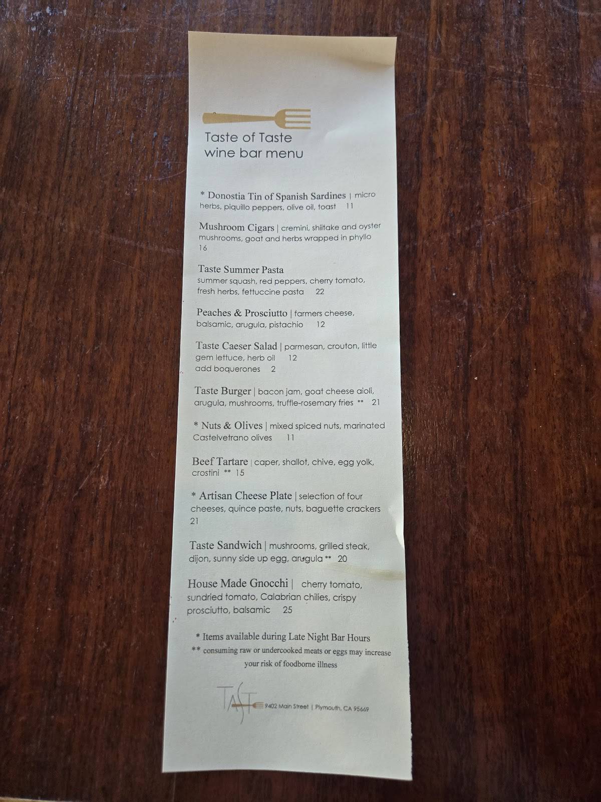 Menu at Taste Restaurant and Wine Bar, Plymouth, Main St