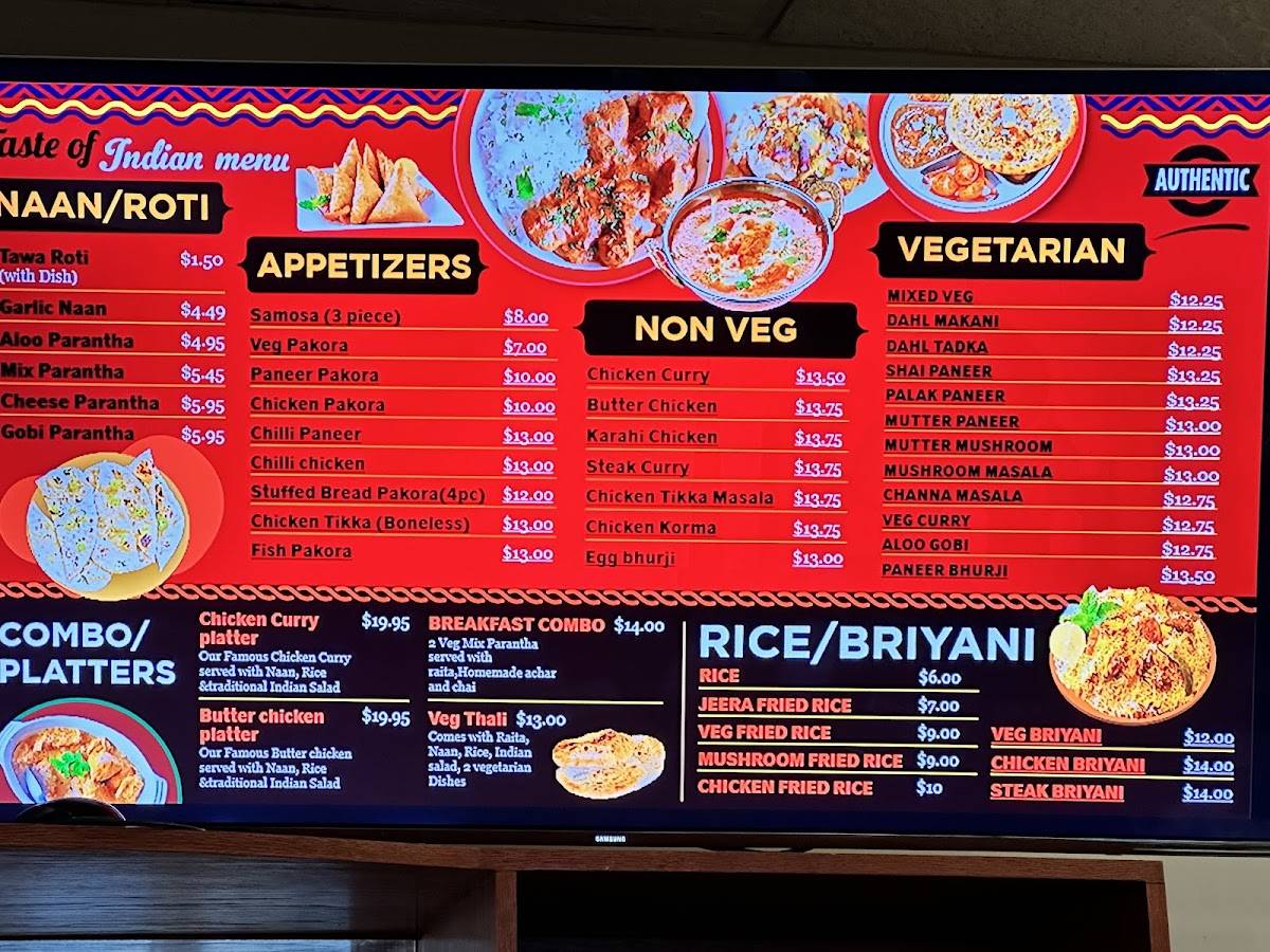 Menu at Taste of India Restaurant, Canada