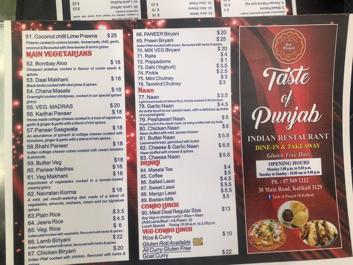 Menu at Taste of Punjab, Indian Restaurant Katikati, Katikati