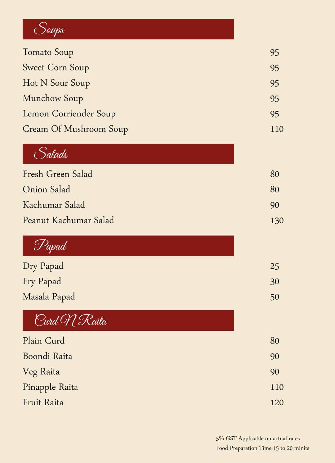 Menu at Taste of Temple, Bhopal