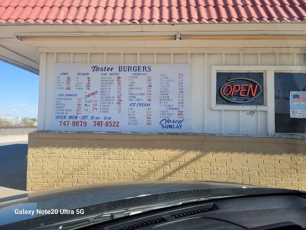 Menu at Tastee Burgers restaurant, Lubbock