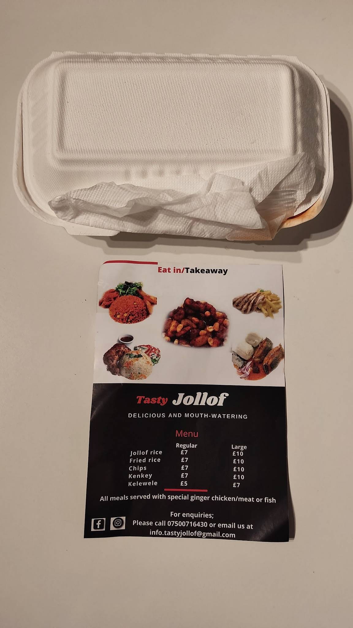 Menu at Tasty Jollof restaurant, London