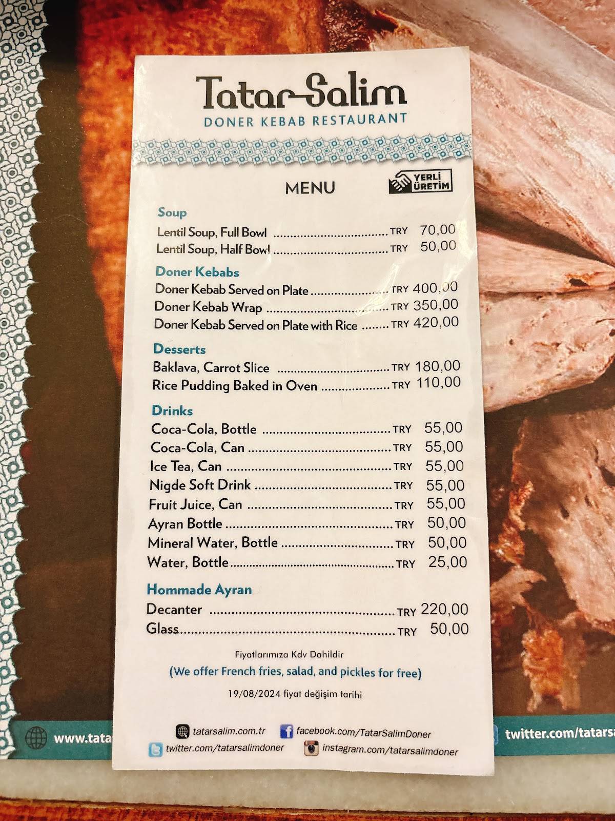 Menu at Tatar Salim, Istanbul, İmamata Sk. No:7 D:3