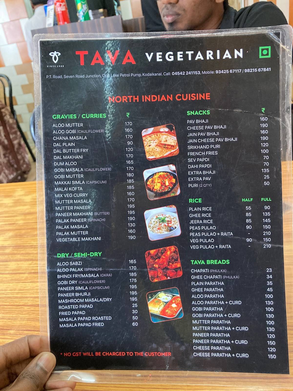 Menu at Tava Vegetarian Restaurant, Kodaikanal