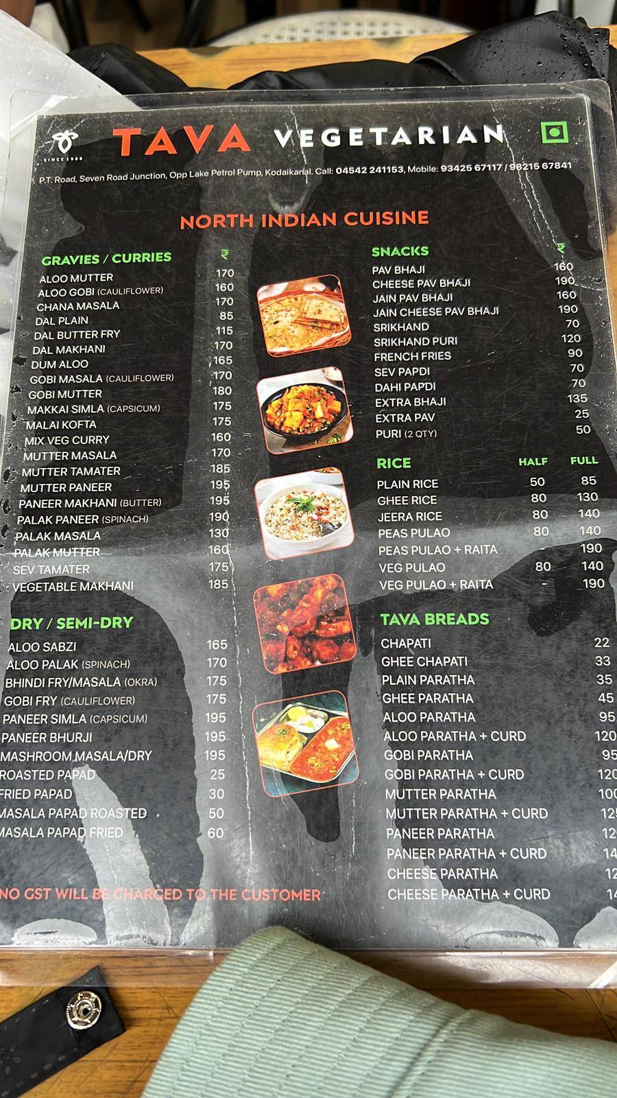 Menu at Tava Vegetarian Restaurant, Kodaikanal