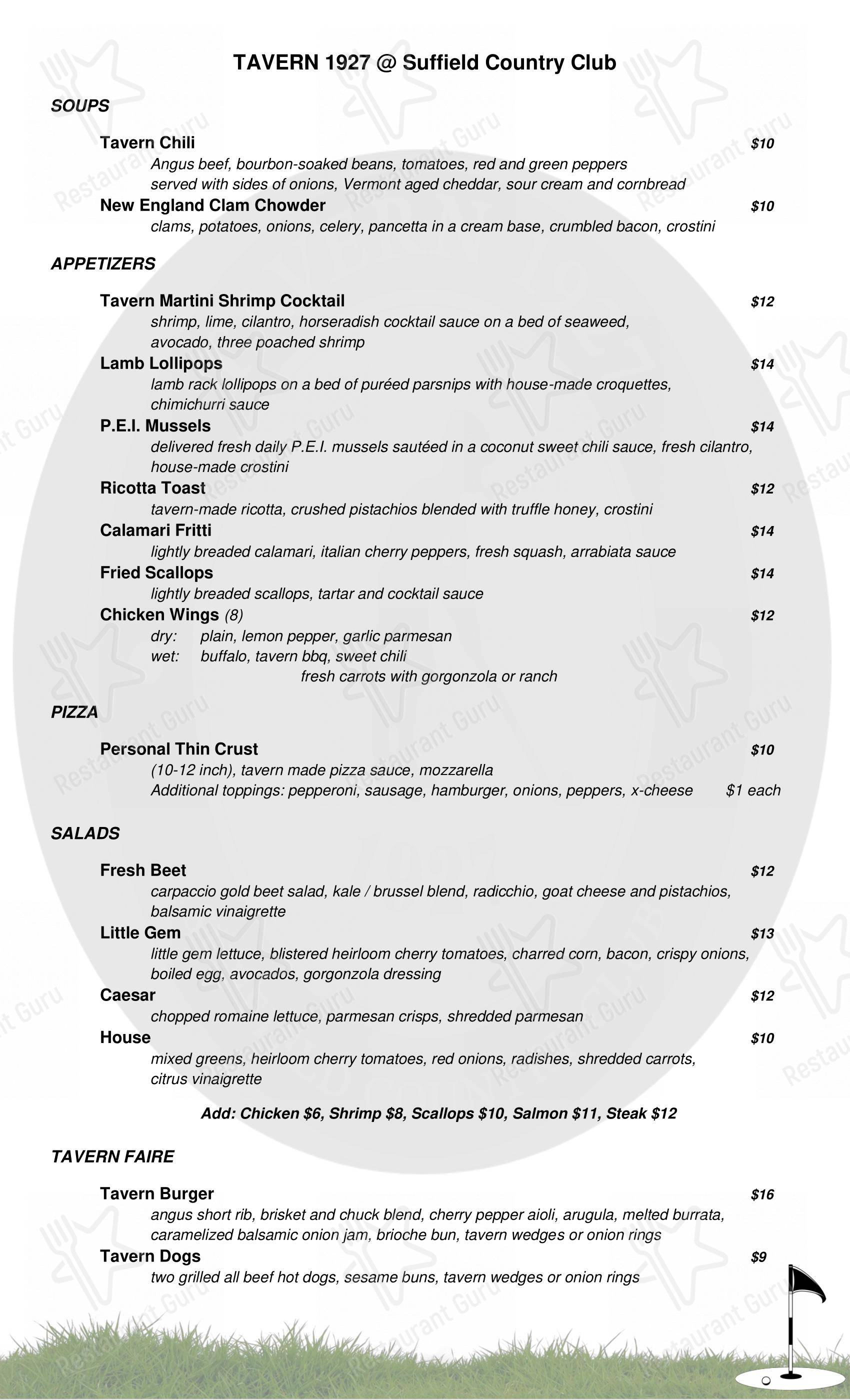 Menu at Tavern 1927 restaurant, Suffield
