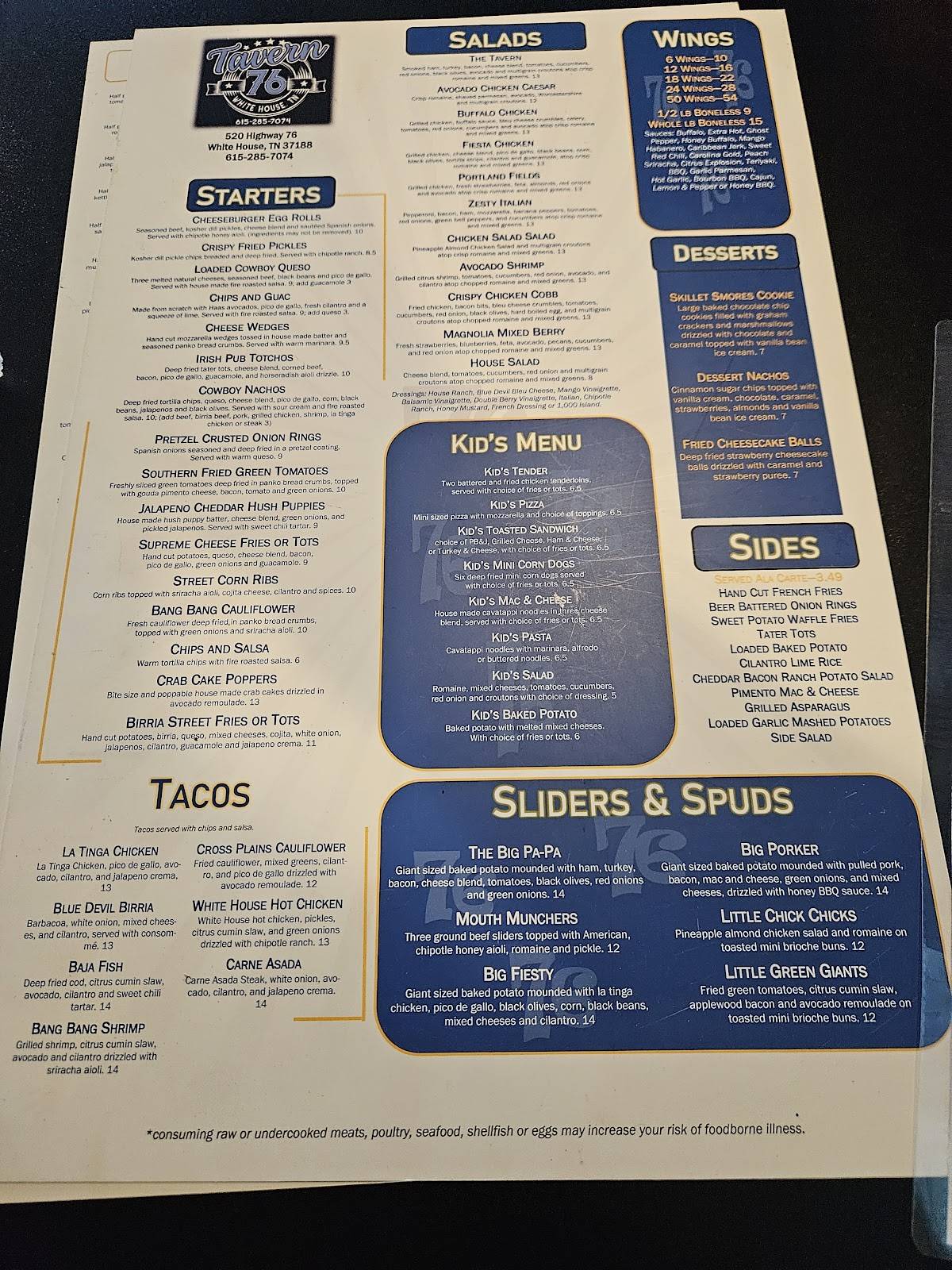 Menu at Tavern 76 pub & bar, White House