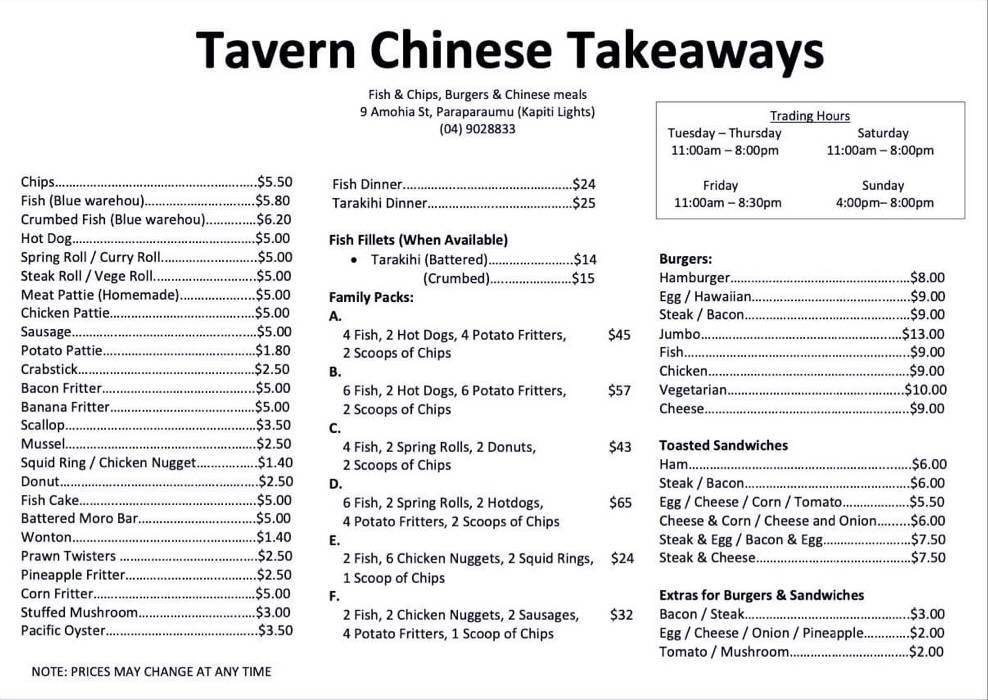 Menu at Tavern Takeaways fast food, Paraparaumu