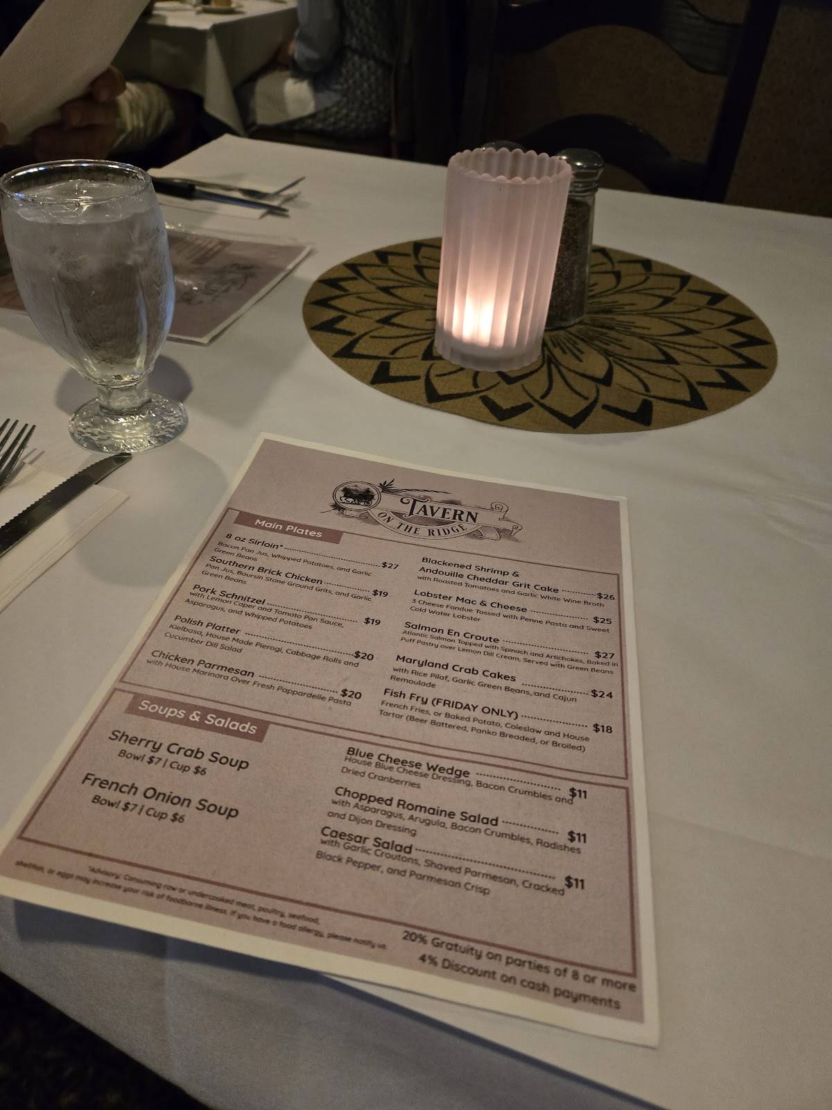 Menu at Tavern on the Ridge restaurant, Albion