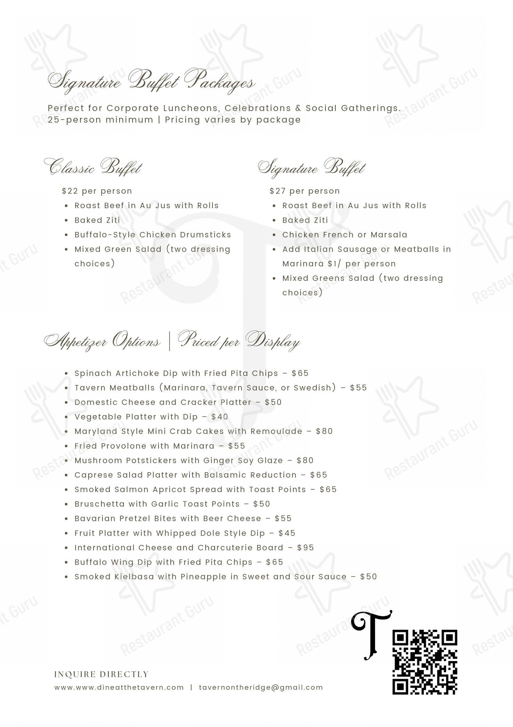 Menu at Tavern on the Ridge restaurant, Albion