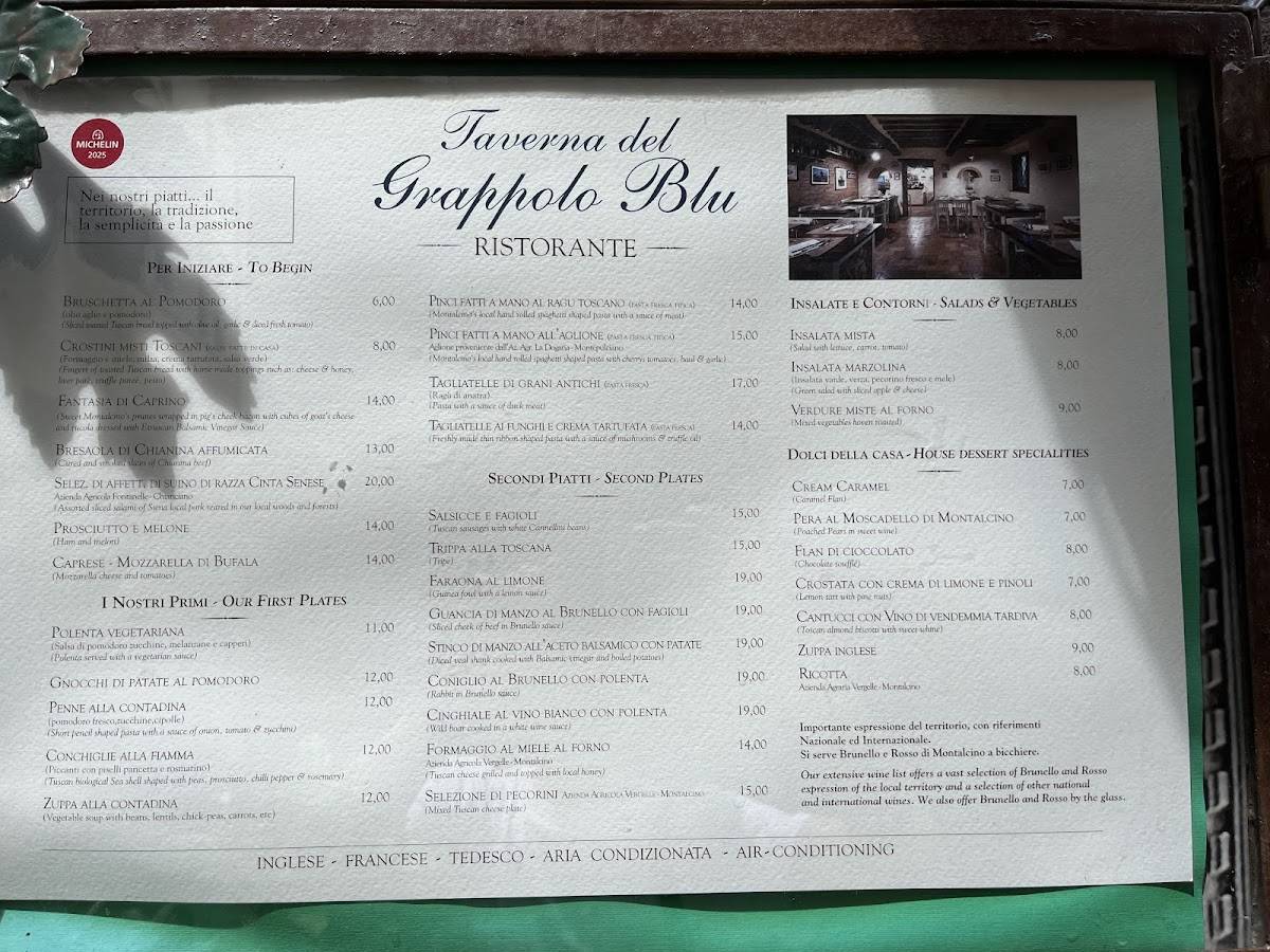 Menu at Taverna del Grappolo Blu restaurant, Montalcino